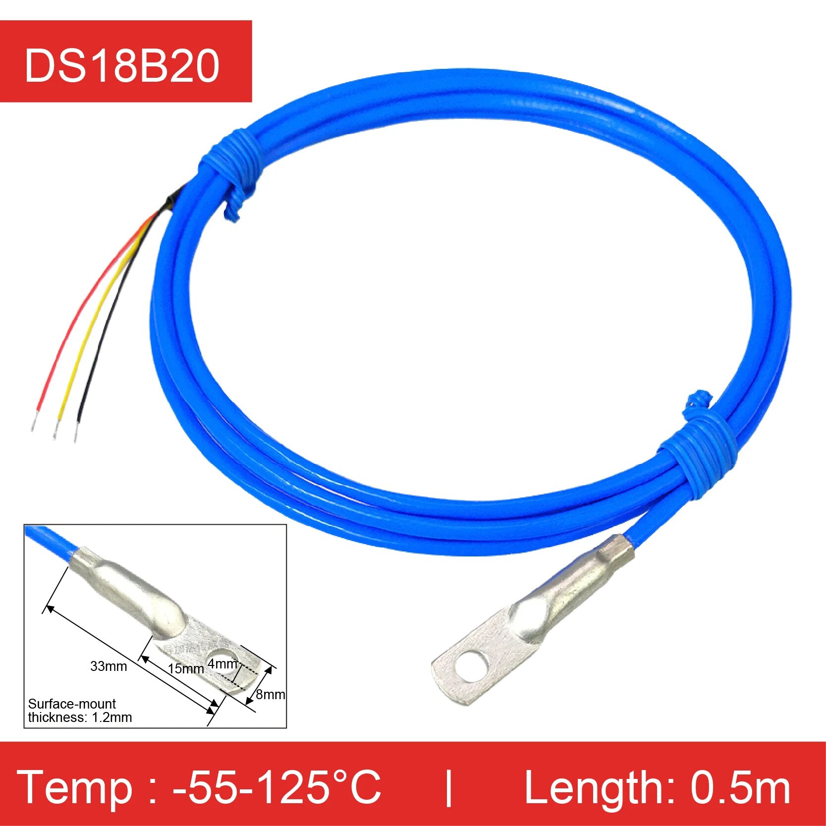 Датчик температуры DS18B20, поверхностный, тефлоновый кабель, водонепроницаемый, холодный обжим, высокоточный