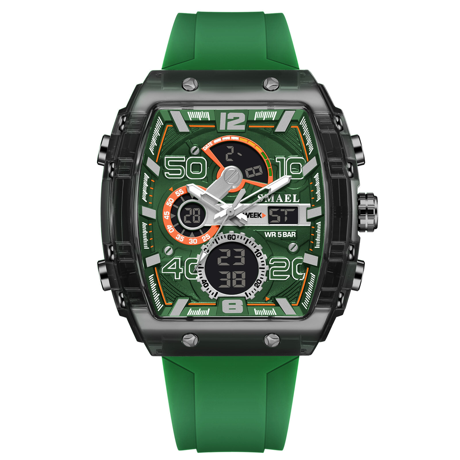 Многофункциональные спортивные электронные часы SMAEL в форме бочонка, водонепроницаемые, с двойным дисплеем, светодиодные, светящиеся, с будильником, мужские часы
