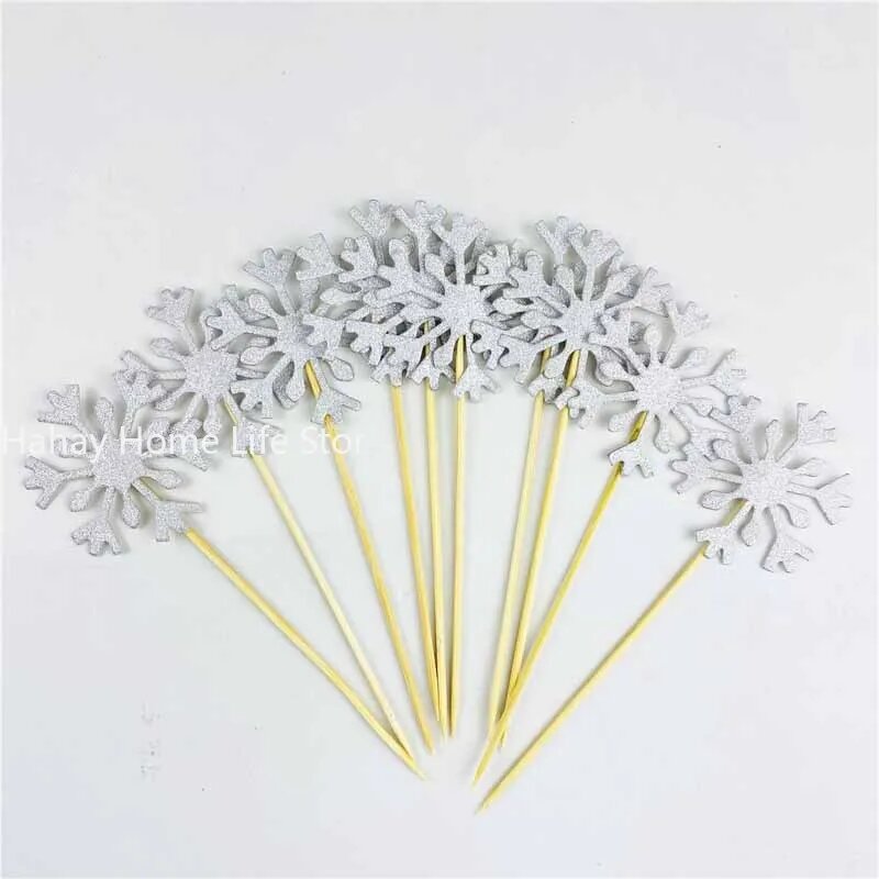 Оптовая продажа, 10 шт, топперы для кексов со снежинками, украшения для дня рождения для маленьких девочек, детские аксессуары для рождественского торта