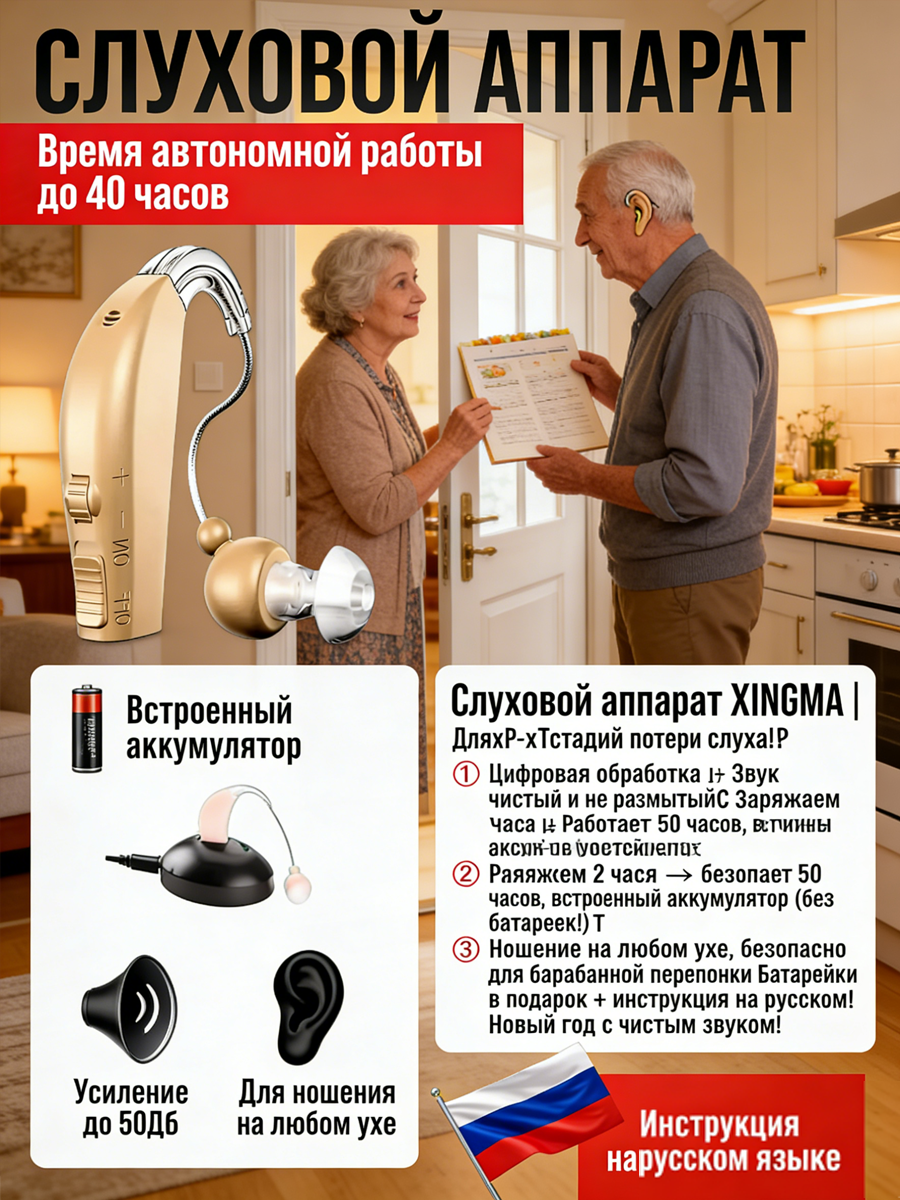 Накладной слуховой прибор с зарядным устройством для пожилых и взрослых