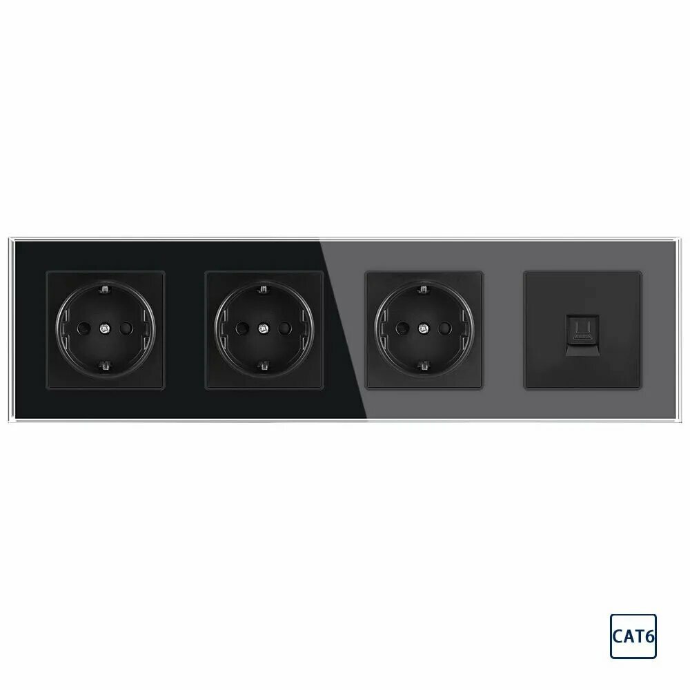 Розетка с заземлением 220В +розетка компьютерная rj45, 4 поста рамка закаленное стекло черный