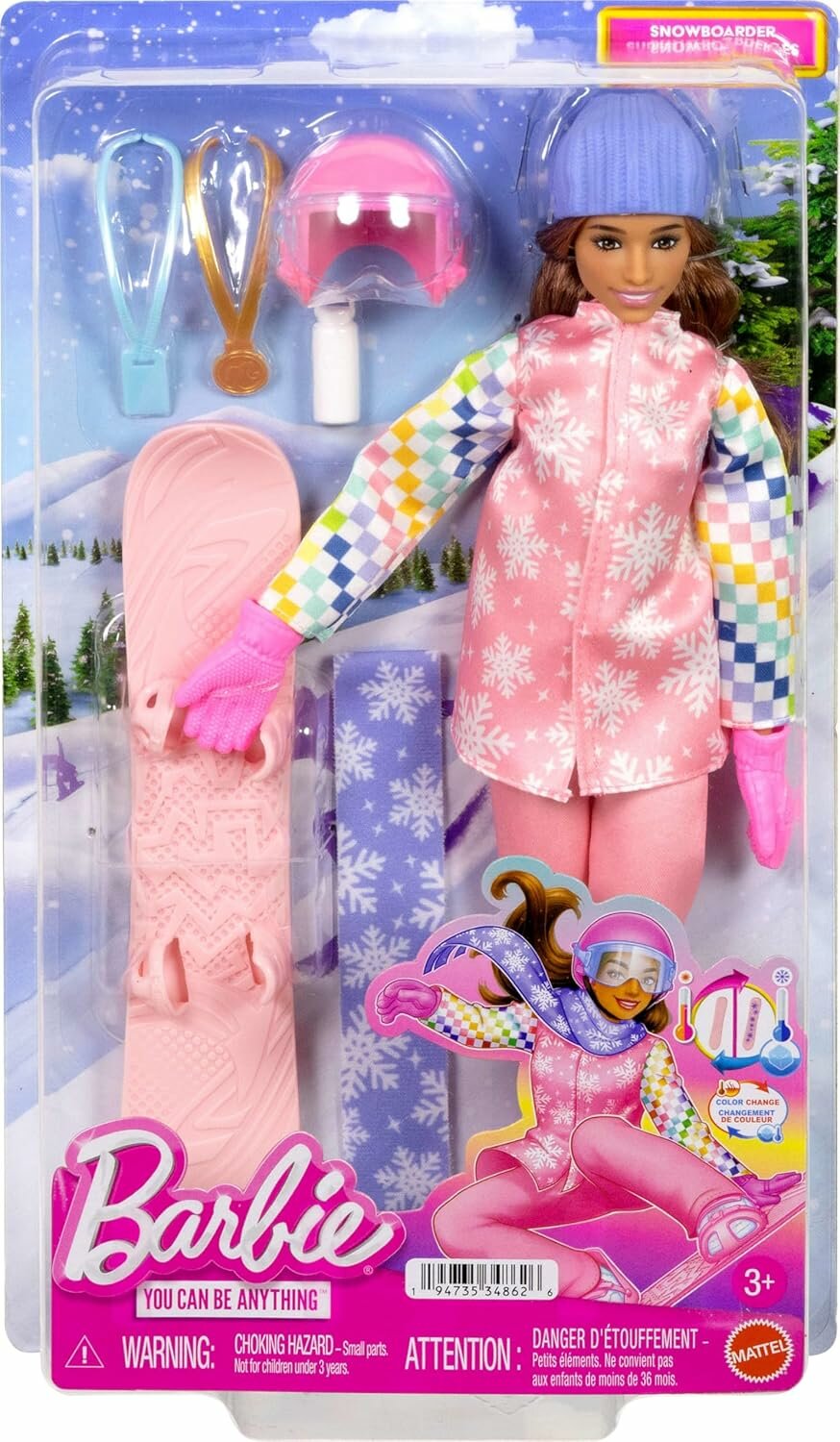 Кукла Mattel Barbie Snowboarder - Барби сноубордистка в розовом костюме + 10 аксессуаров, Барби JKF78