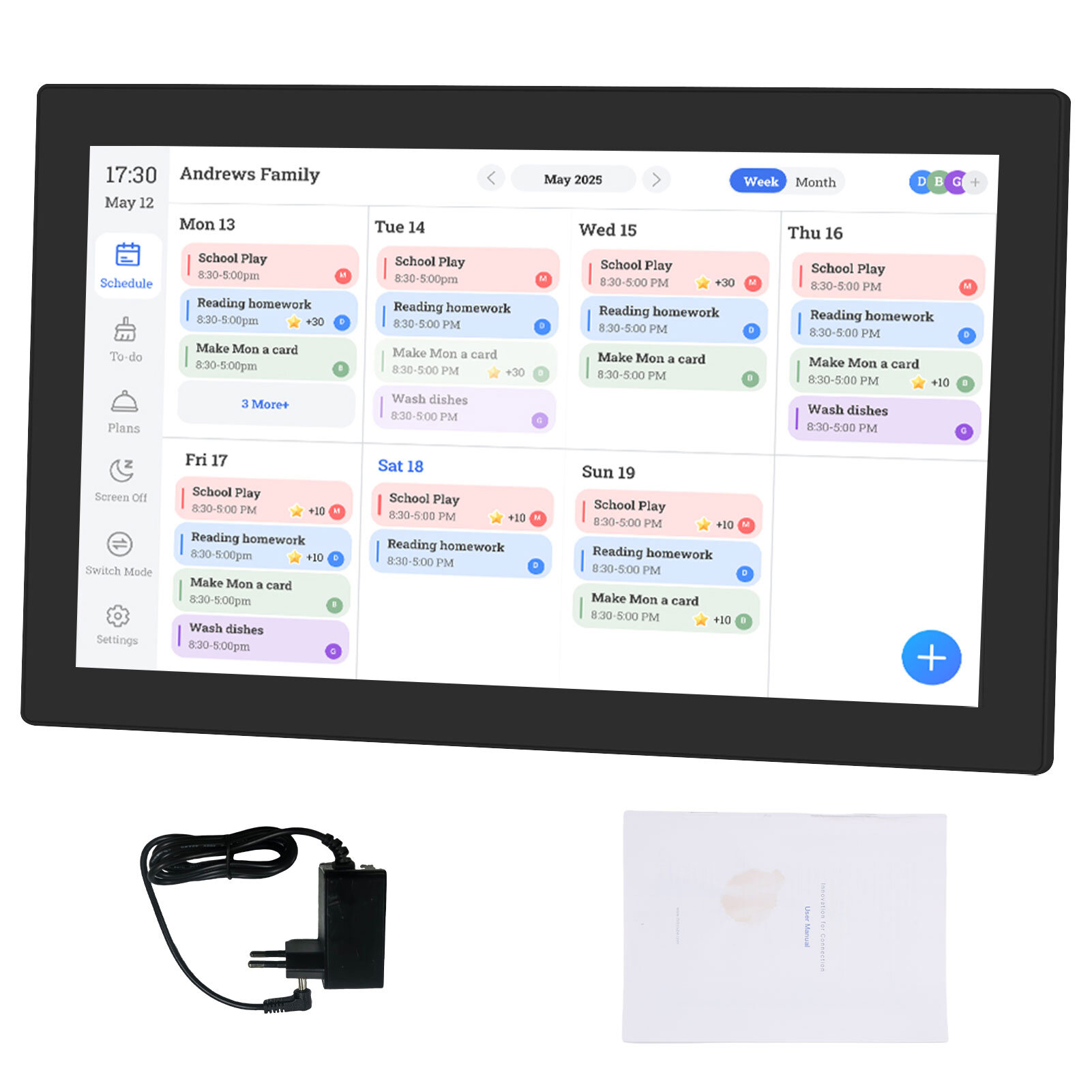 Цифровой календарь-планер, таблица домашних обязанностей, 15,6-дюймовый сенсорный экран Full HD 1080p, интерактивное настенное и настольное крепление для удобного планирования, умная семья, вилка EU, черный.