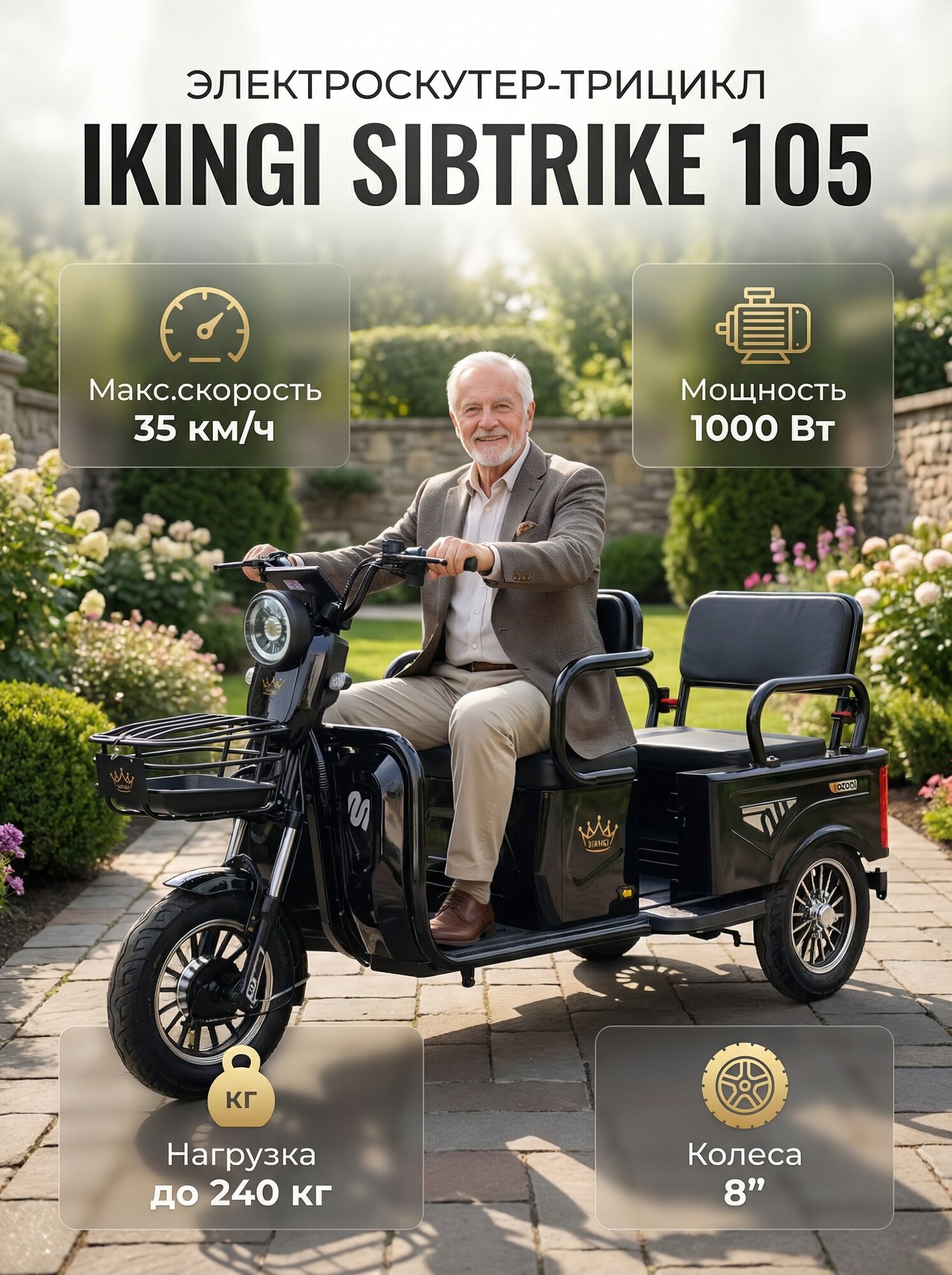 Электроскутер трицикл Ikingi Sibtrike 105 1000W 60V/23Ah черный