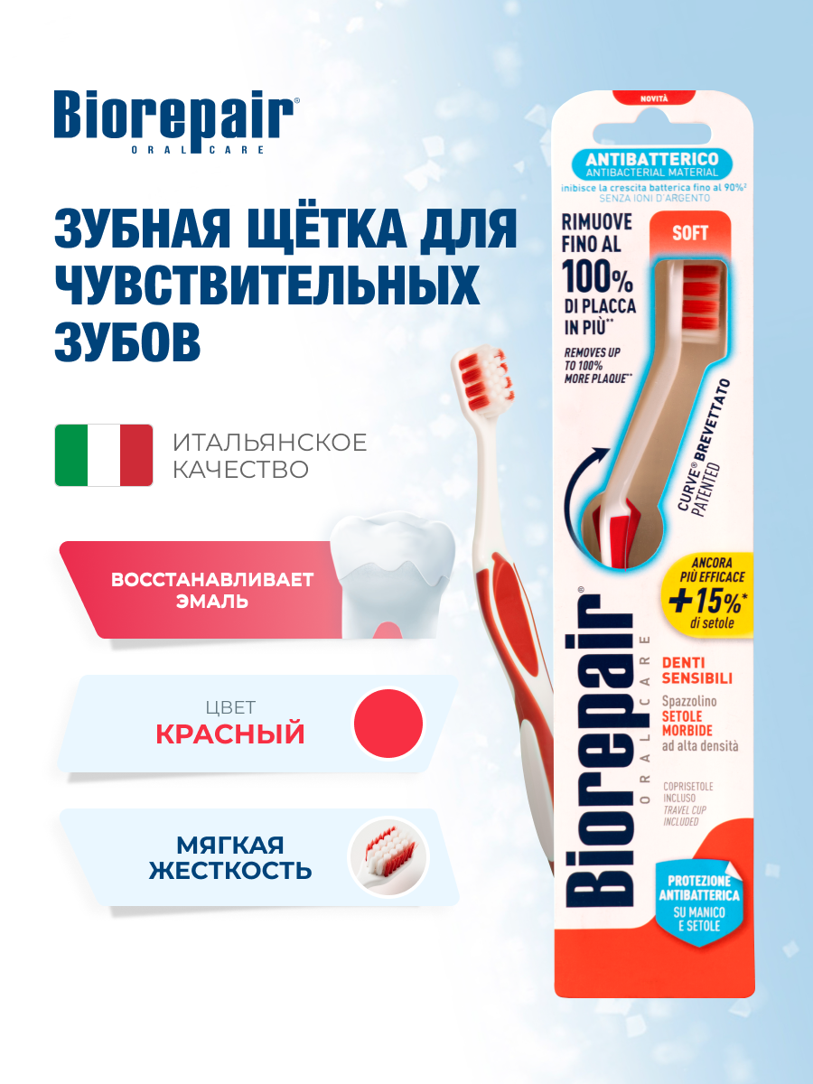 Зубная щетка Biorepair CURVE Denti Sensibili мягкая, красная