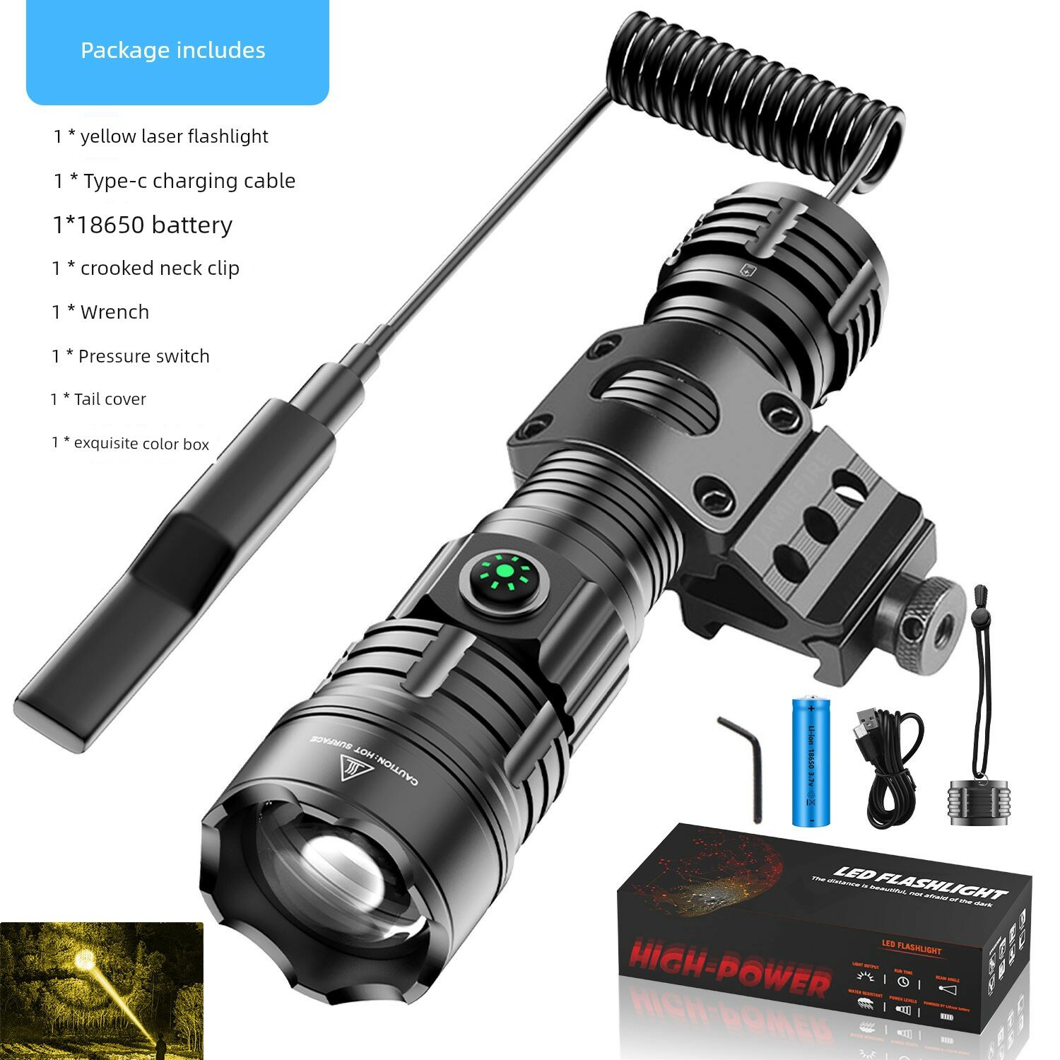 LED желтый свет тактический фонарик с батареей 18650 USB регулируемый фокус наклонный кронштейн