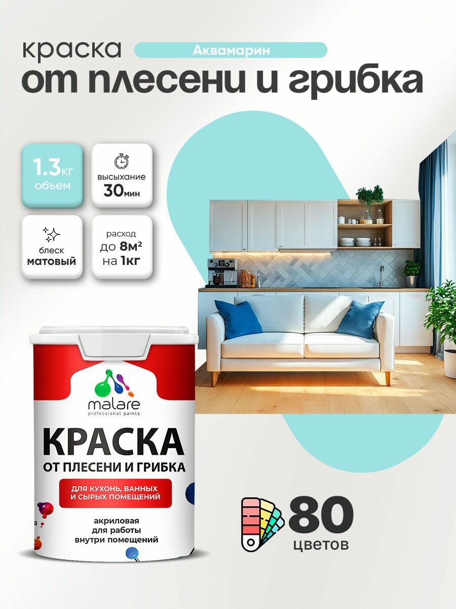Краска Malare Professional от плесени и грибка, для кухни, ванных комнат и сырых помещений, без запаха матовая, аквамарин, (1л - 1.3кг)
