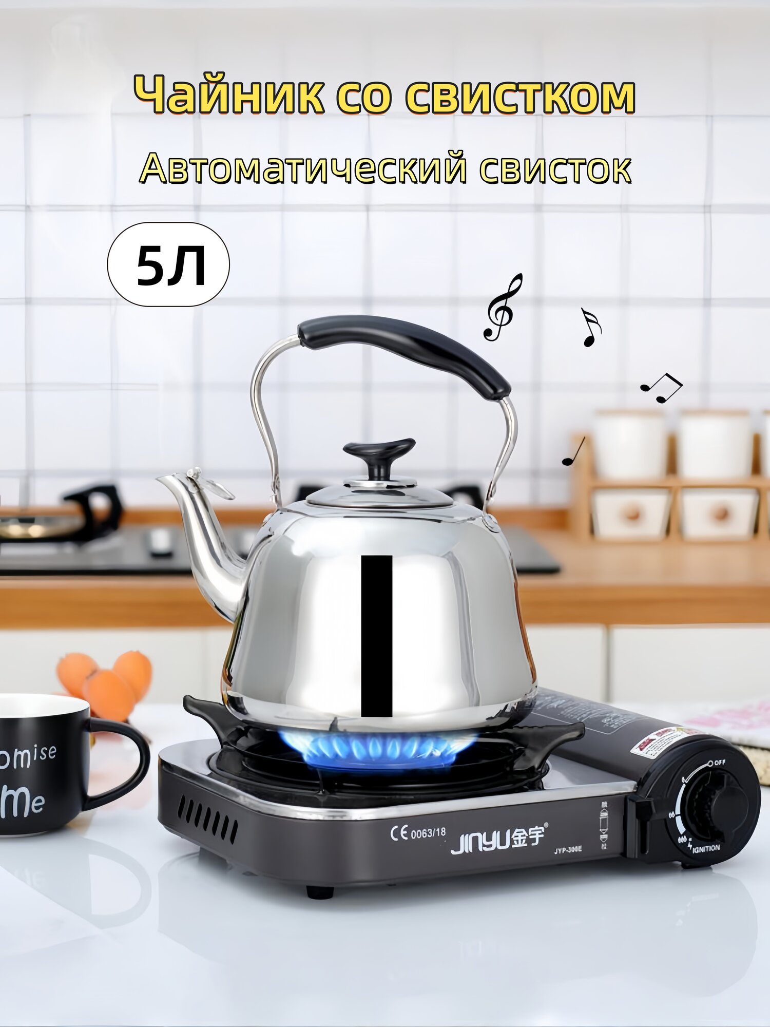 Чайник со свистком, нержавеющая сталь, 5л, полированный, для всех плит