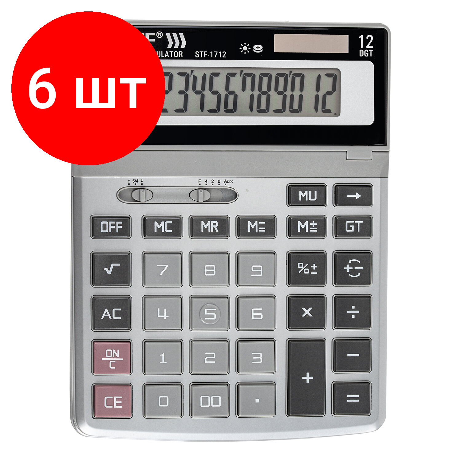 Комплект 6 шт, Калькулятор настольный металлический STAFF STF-1712 (200х152 мм), 12 разрядов, двойное питание, 250121