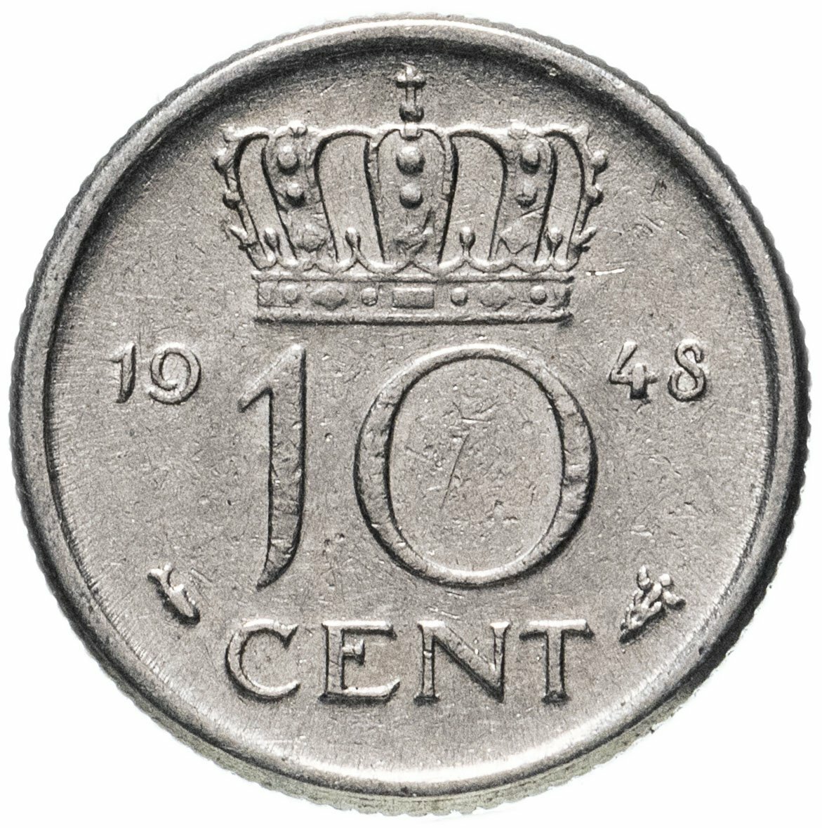 Нидерланды 10 центов cents 1948, Никель, в сохранности XF
