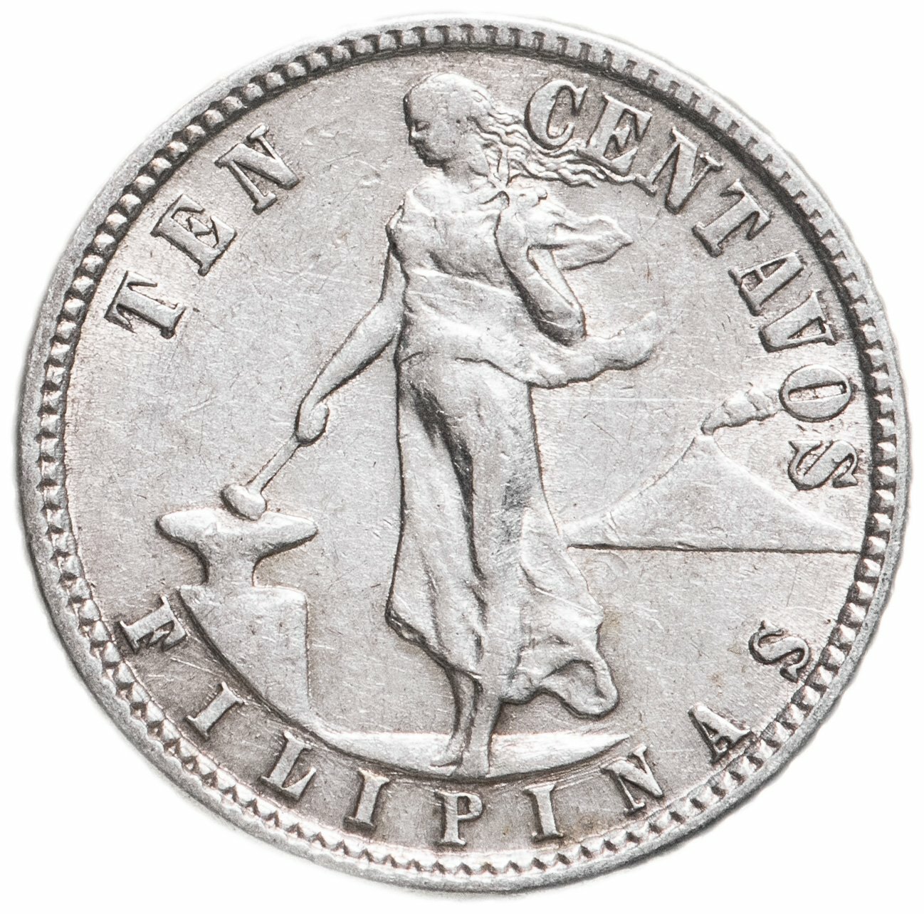 Филиппины 10 сентаво centavos 1945, Серебро 750, в сохранности XF-AU