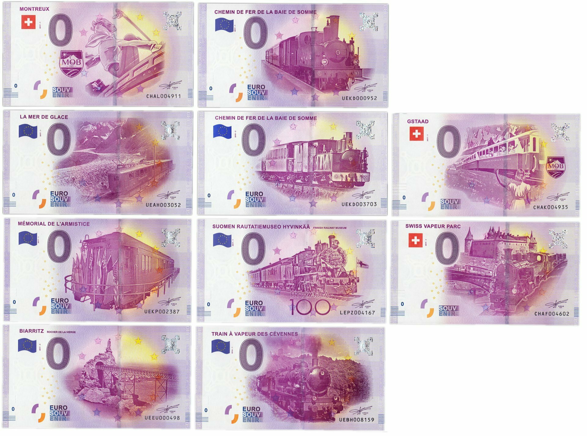 0 евро euro набор из 10 банкнот "Железная дорога"