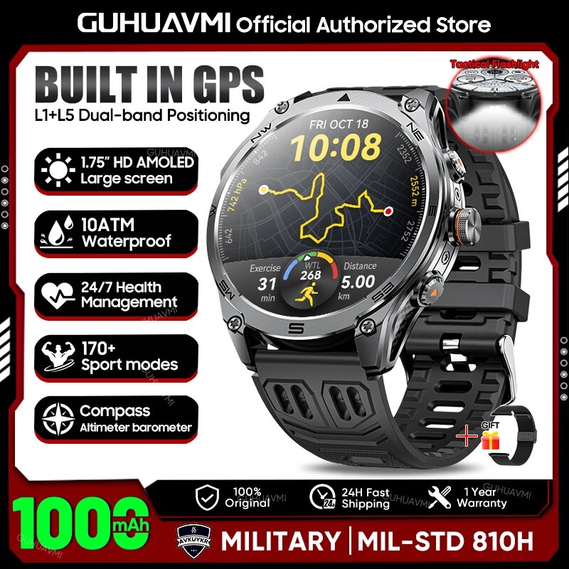 GUHUAVMI Smart Watch 10ATM GPS Черный ремешок