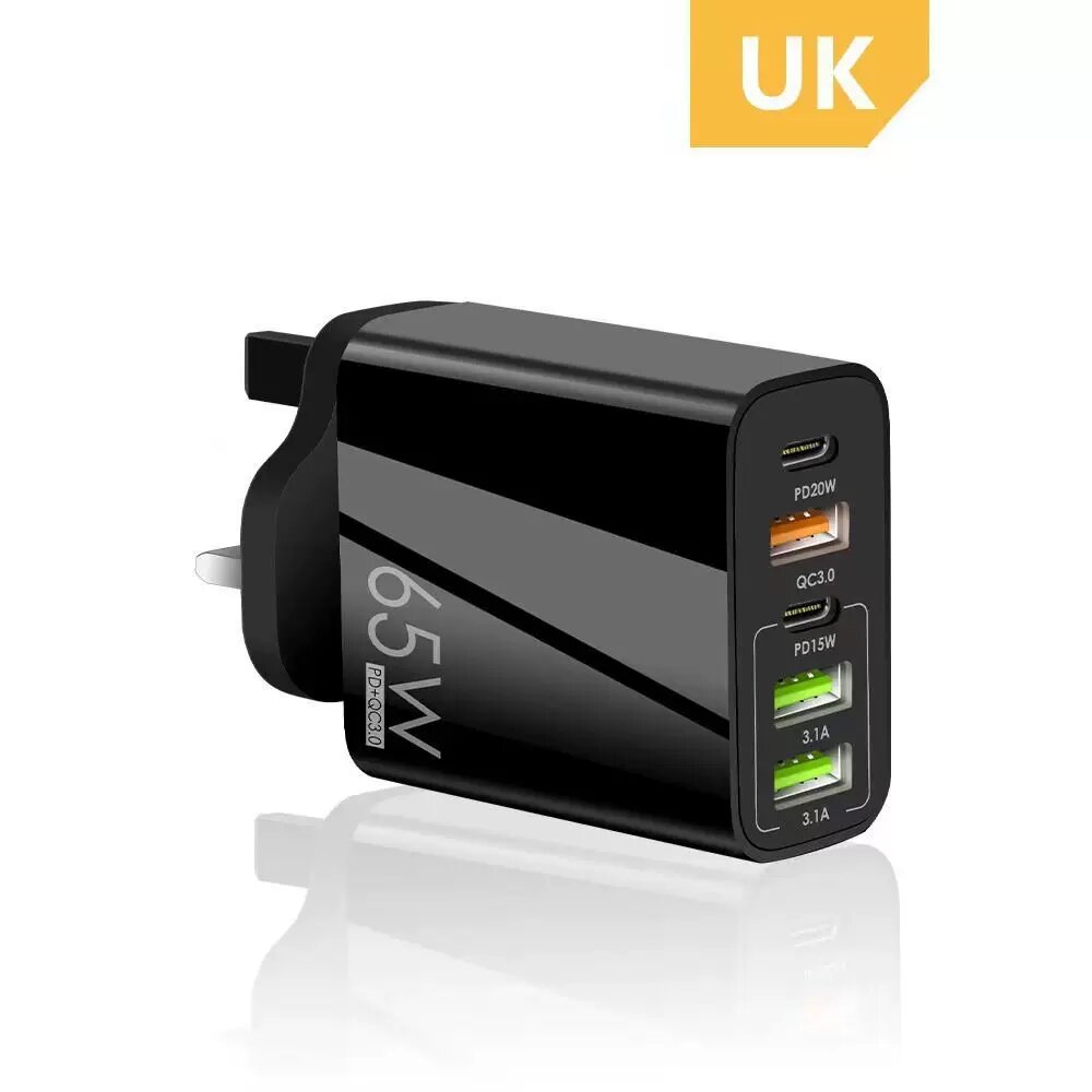 65W GaN USB-C адаптер с розеткой UK, черный цвет для мобильных телефонов и планшетов, быстрая зарядка