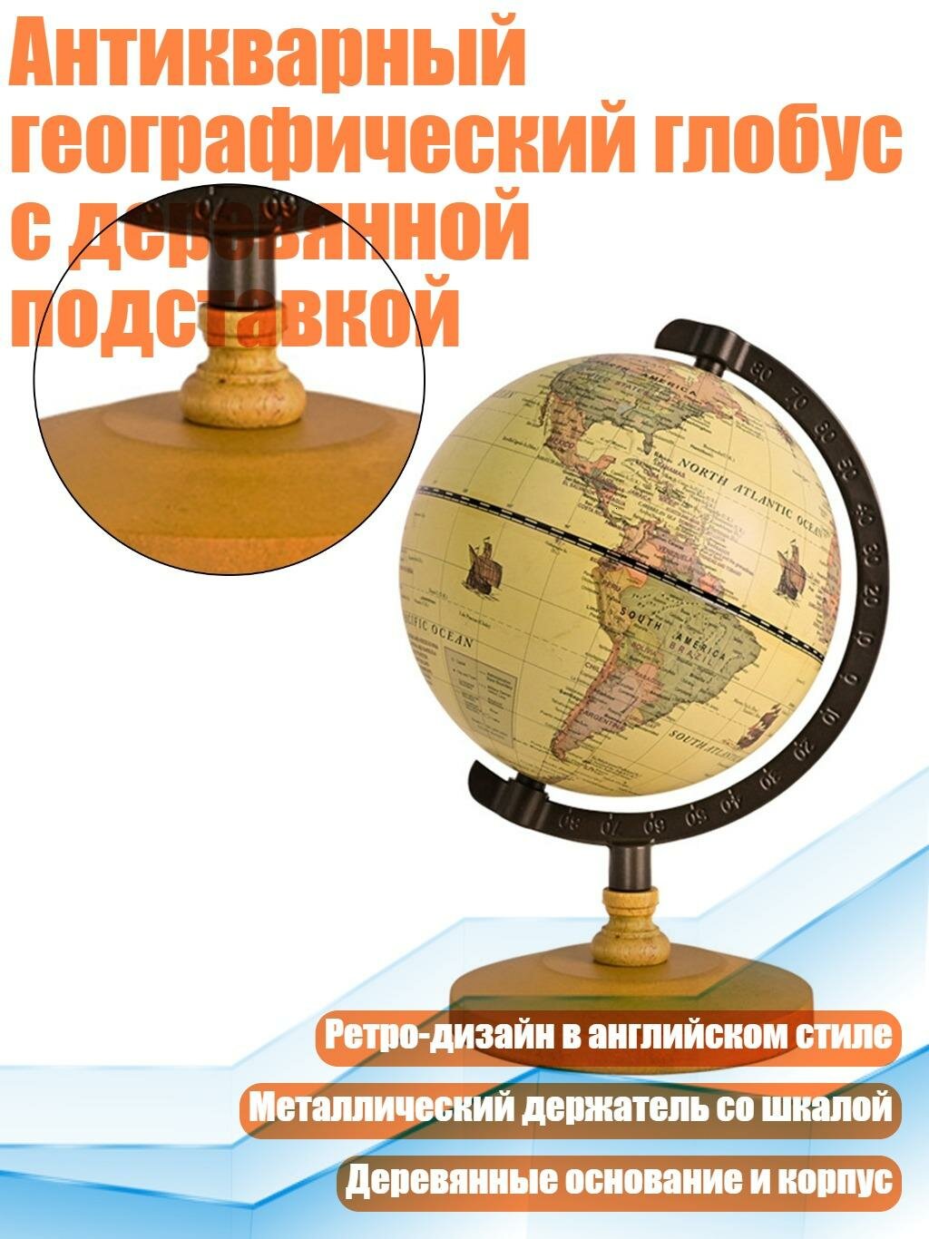 Антикварный географический глобус с деревянной подставкой