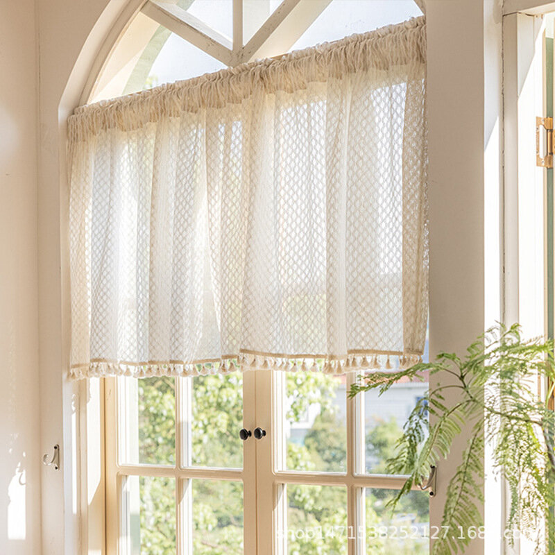 Французская кружевная прозрачная занавеска для окна, винтажная тканая текстура, полузанавеска, перегородка, занавеска для двери, клетчатая короткая занавеска с кисточками