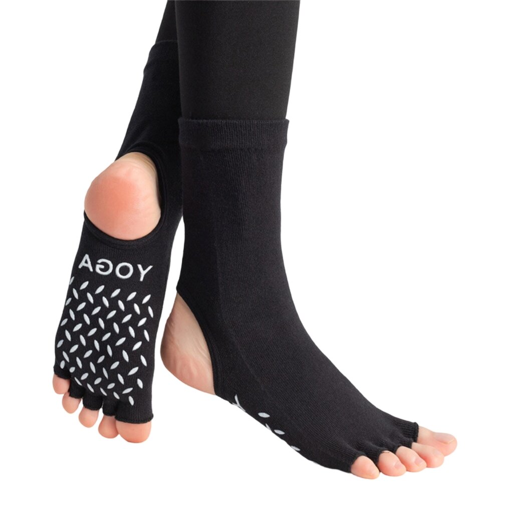 Женские носки для йоги со средней трубкой и пятью пальцами, нескользящие носки с раздельным носком-черный