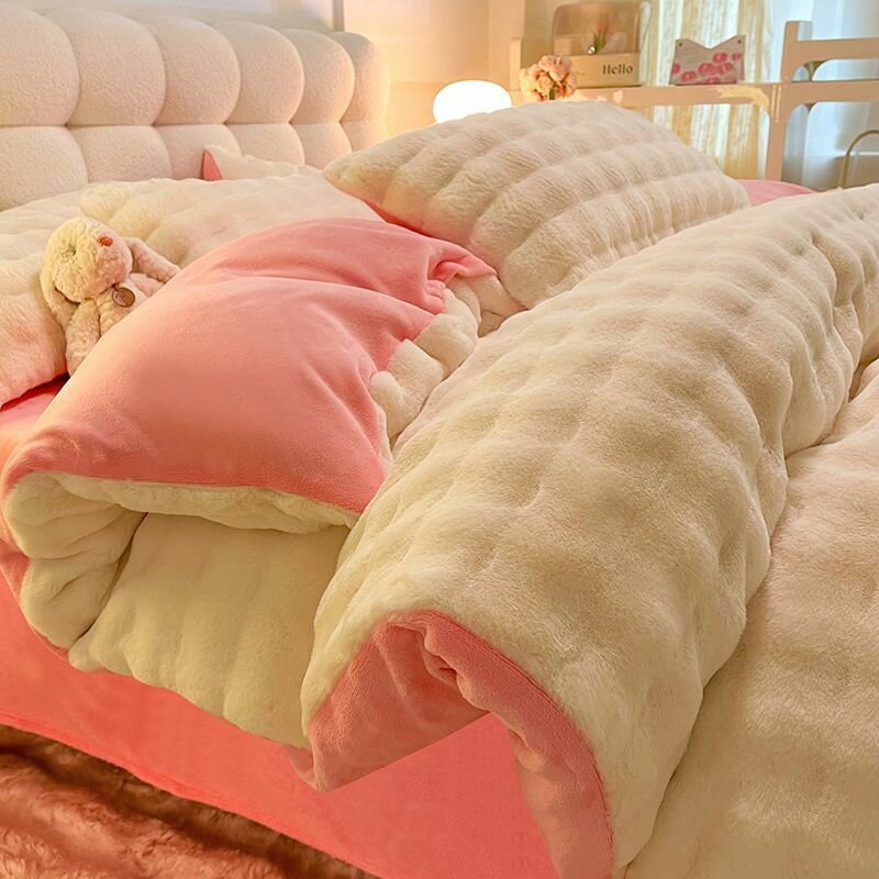 Пододеяльник из кроличьего меха, цельный, комплект из четырех предметов из утолщенного молочного велюра, плюшевый фланелевый пододеяльник, плюшевая простыня из кораллового флиса для зимы.