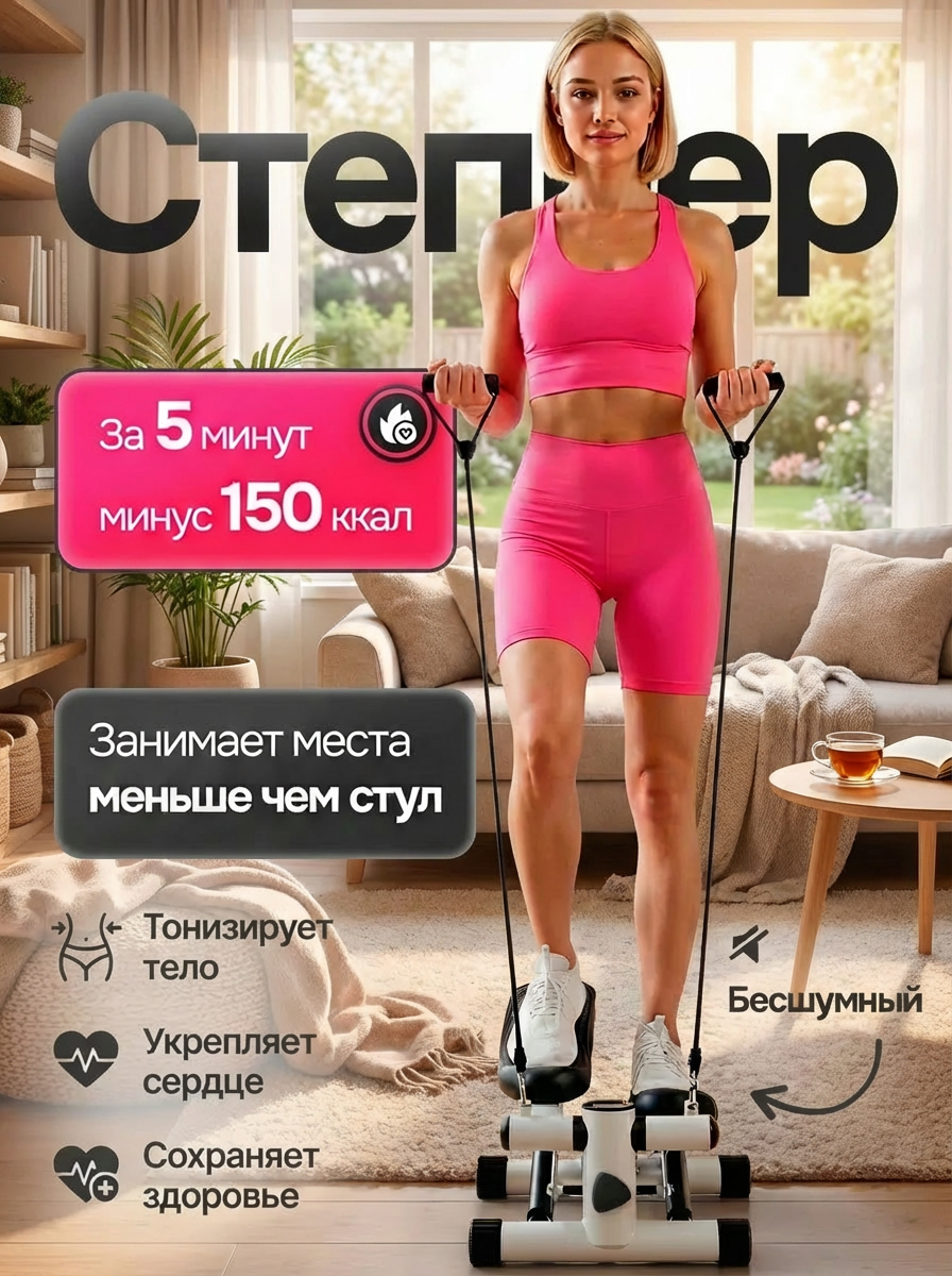 Мини-степпер с эспандерами, тренажер для дома, для тренировки мышц ног и ягодиц