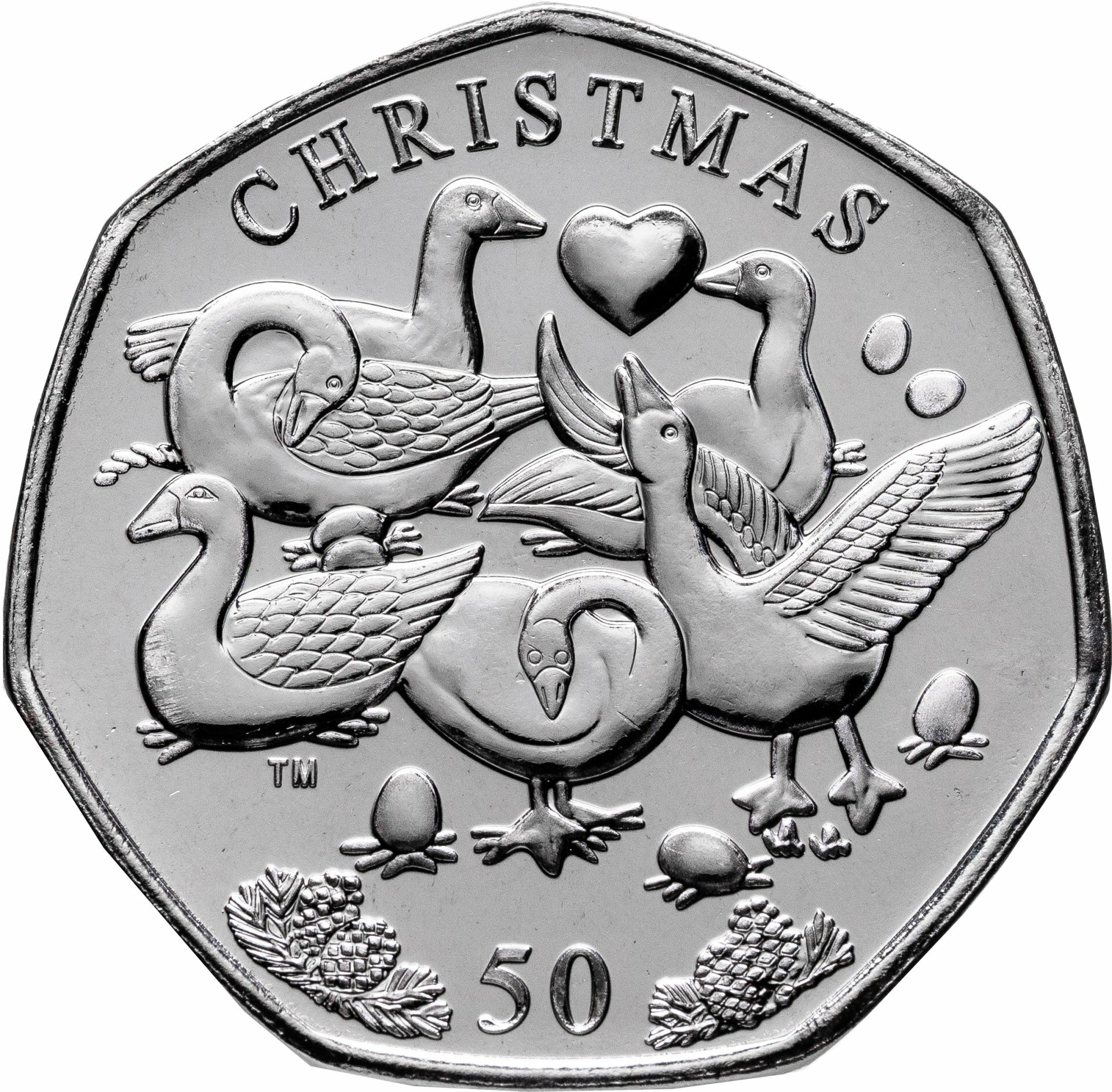 Остров Мэн 50 пенсов 2025 "Рождество - шесть гусей, откладывающих яйца", Мельхиор медь-никель, в сохранности BUNC