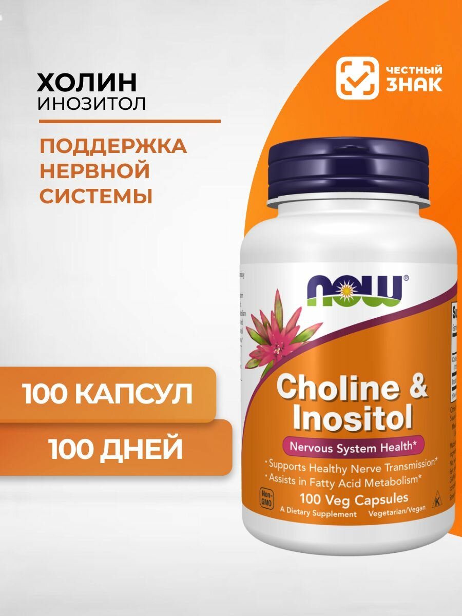 NOW Холин и Инозитол Choline & Inositol 100 капсул (массой 1142 мг)