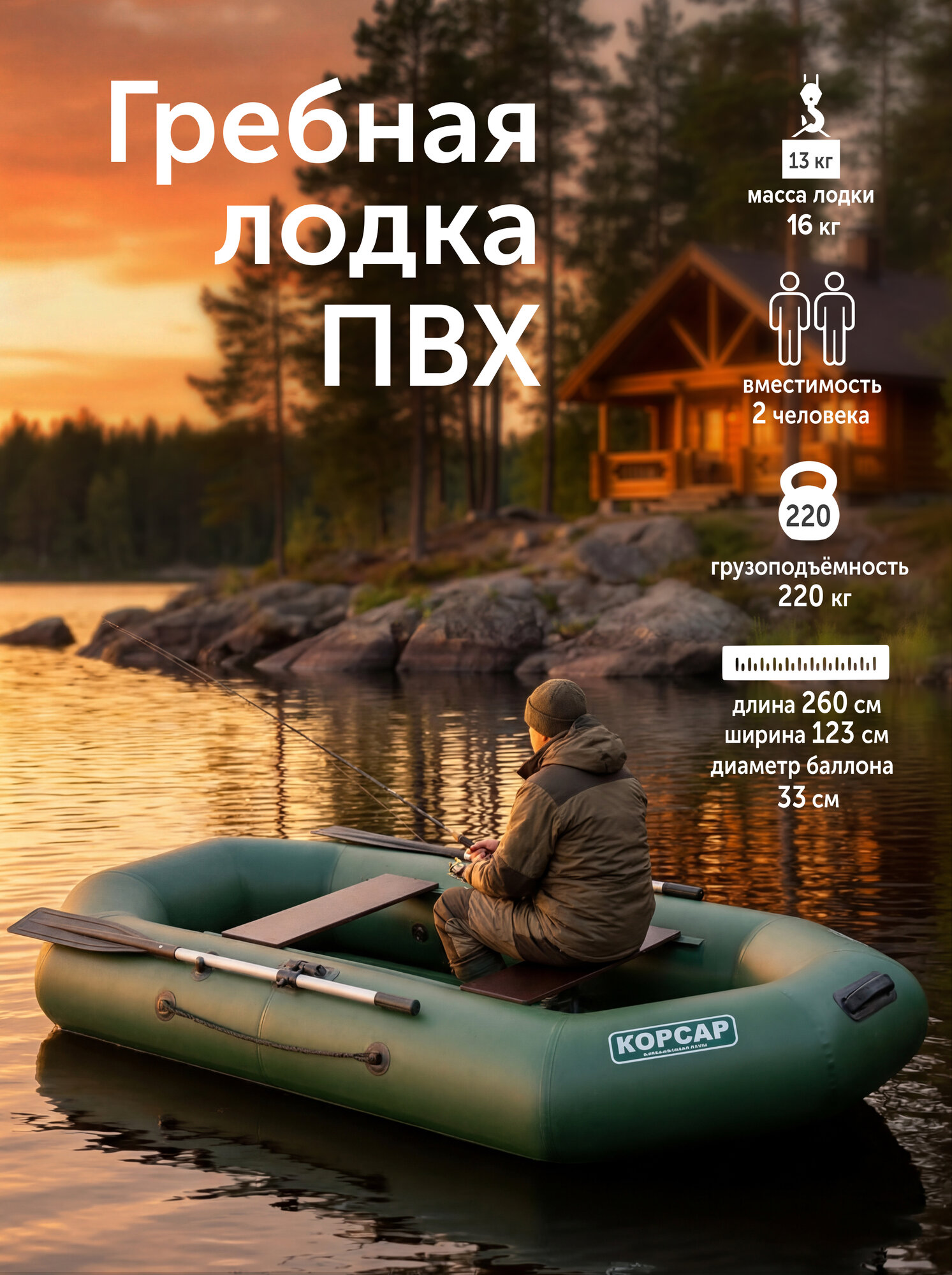 Лодка надувная сибагро-про Корсар К260, ПВХ, гребная, двухместная, 2,6х1,23 метра