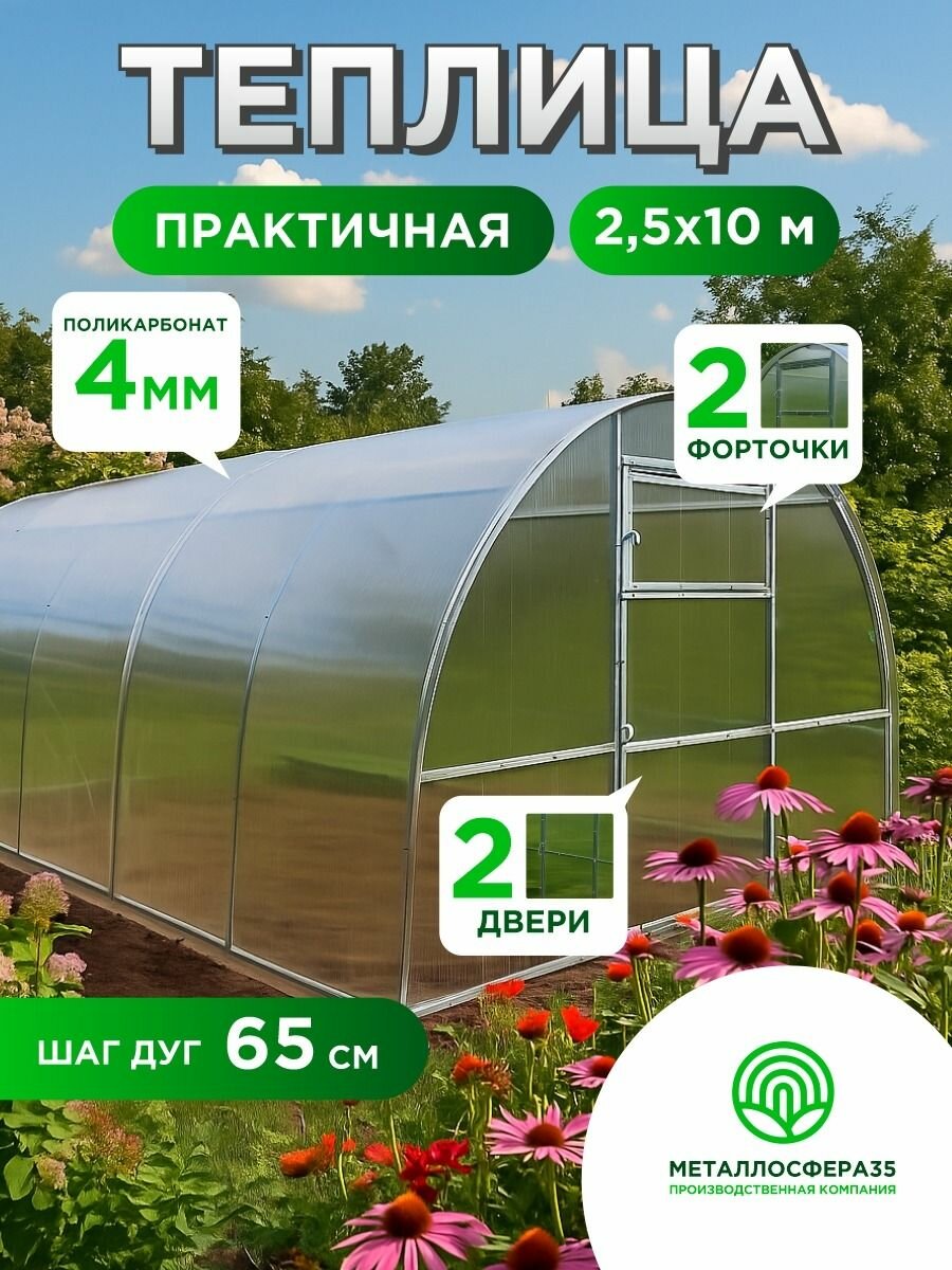 Теплица "Практичная" 2.5х10м с поликарбонатом 4мм/шаг дуги 0,65м/каркас 25х25 оцинкованный/Завод Металлосфера