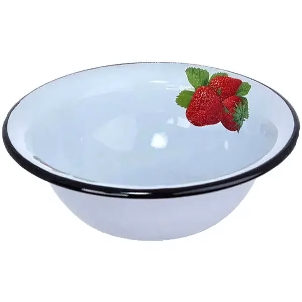 Миска эмалированная 0,6л, белая с черной окантовкой, рисунок клубника, металл, практичная для дома