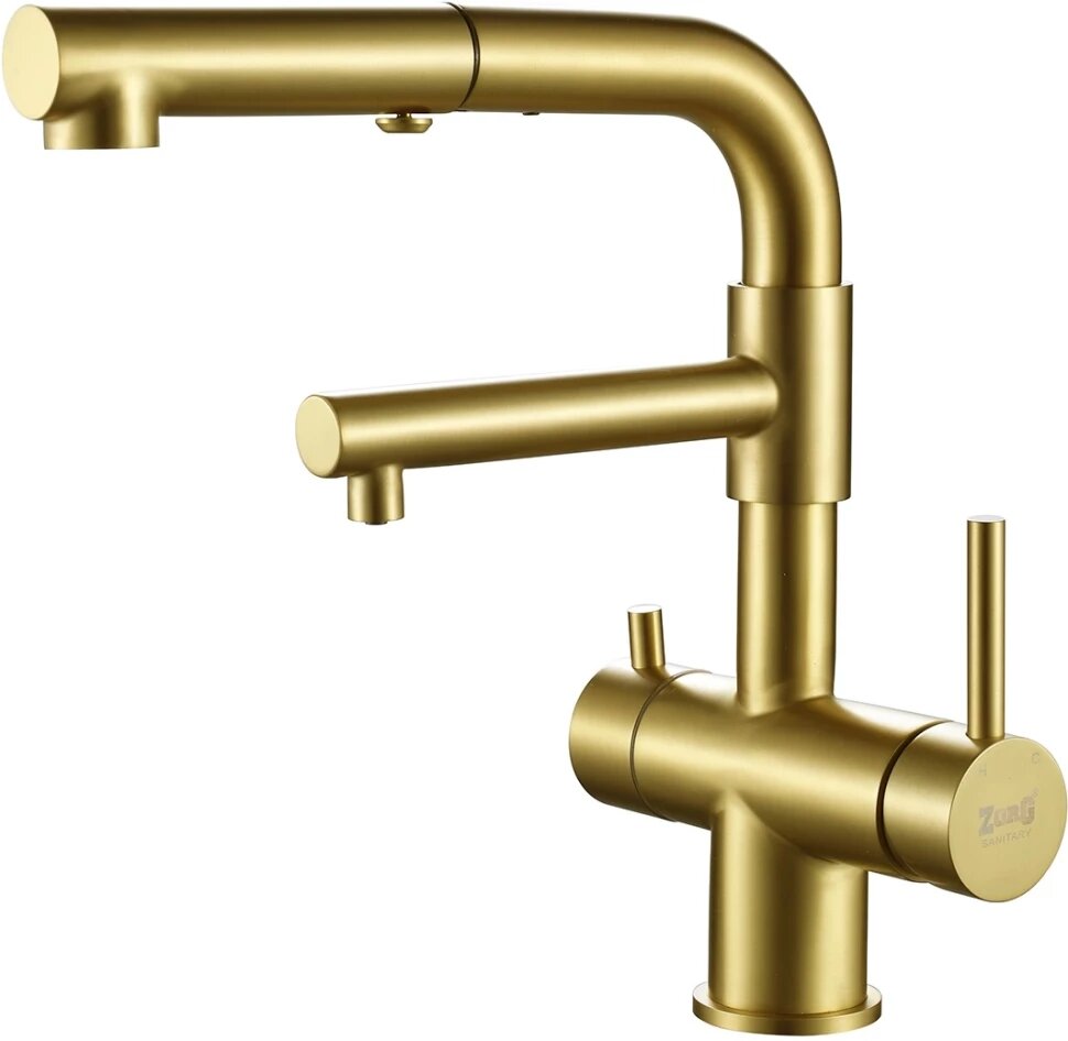 Смеситель для кухни Zorg SZR-3216 GOLD с подключением к фильтру, выдвижным изливом, золотой