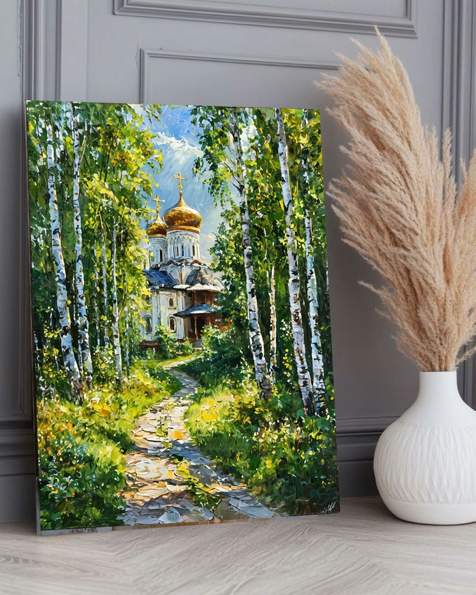 Картина по номерам "Храм за березовой рощей" 40х50 см, хлопковый холст на подрамнике, акрил, Hobby Home