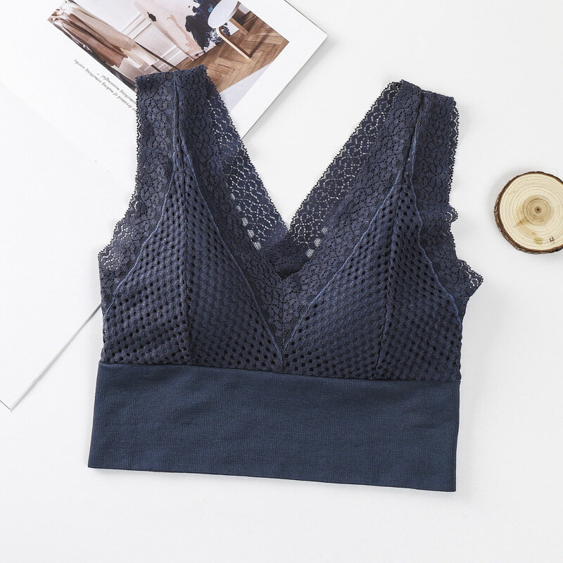 TikTok Live Beauty Back VV Глубокий вырез на груди, кружевной бюстгальтер для женщин, антиэкспозиционный топ, ночная майка, дышащая чашка с подкладкой