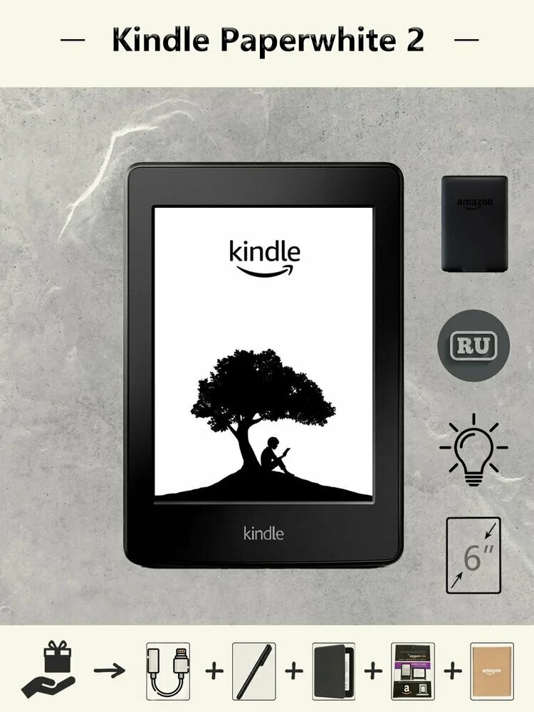 Amazon 6" Электронная книга Электронная книга Kindle Paperwhite 2 (6-го поколения), подсветка, русский, 212PPI, 2/4 ГБ, черный