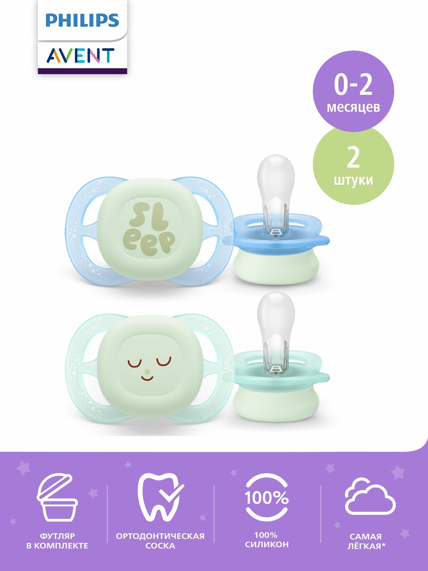 Пустышка силиконовая светящаяся Philips Avent Ultra Start Night SCF075/08 для новорожденных, с футляром для хранения и стерилизации, 0-2 мес, 2 шт.