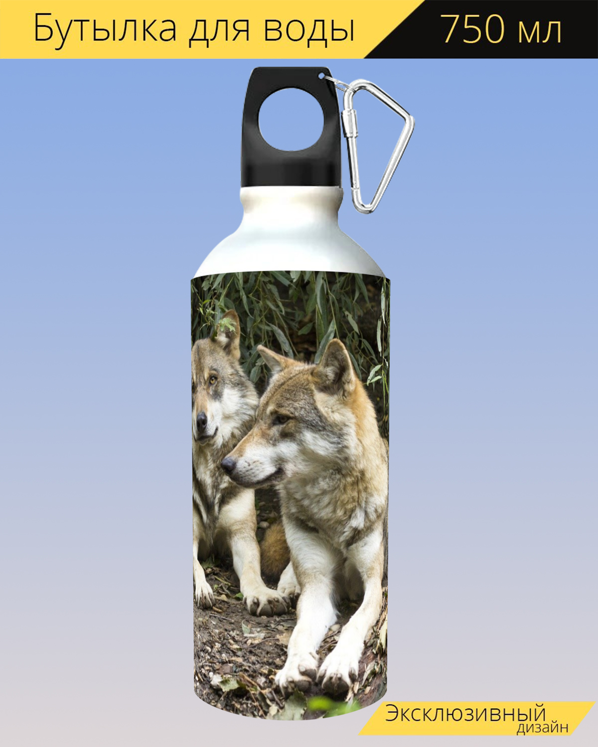 Бутылка фляга для воды "Волк, canis lupus, европейский волк" 750 мл. с карабином и принтом