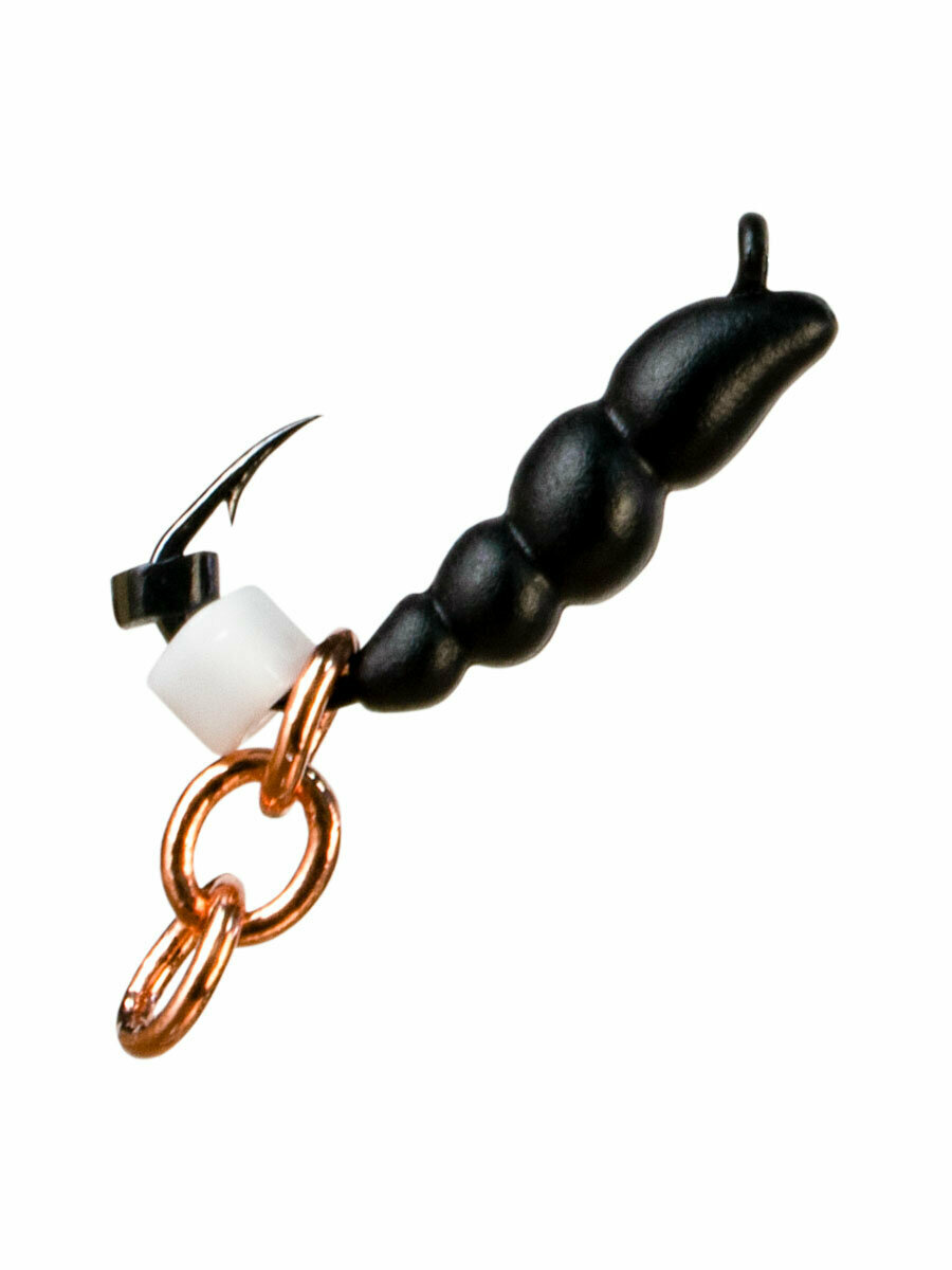 Мормышка безнасадочная (безмотылка) для летней и зимней рыбалки Личинка жужелицы "Левша-НН", 0,38 г, кубик белый цепочка, крючок №16, чёрный / 3 шт.