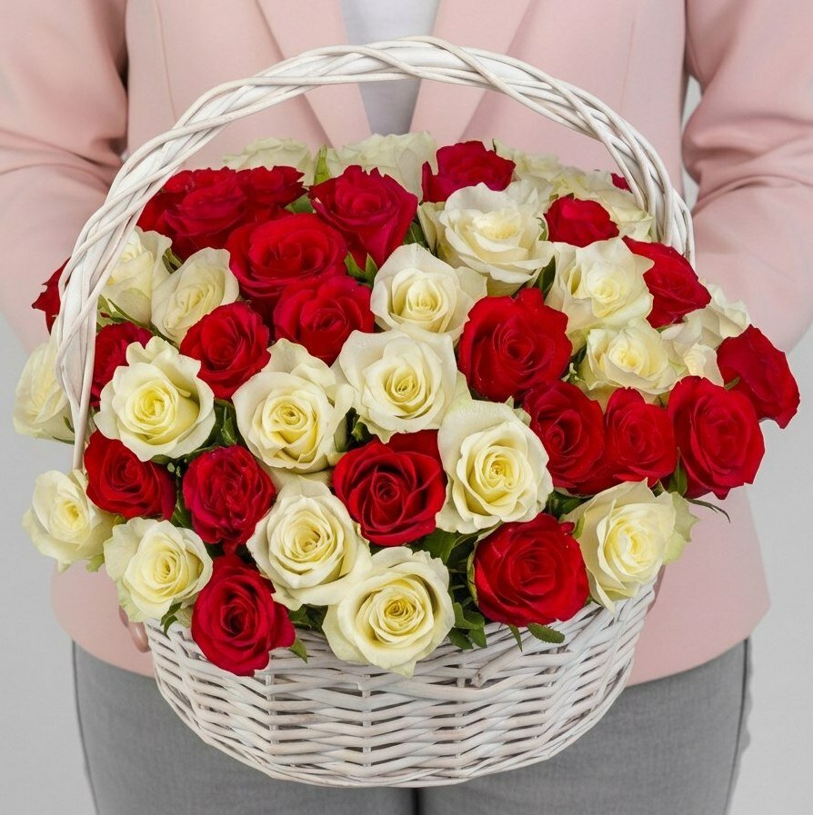 Букет Мегацвет24 "Роза", 51 цветок, красный/белый, сборка в корзине