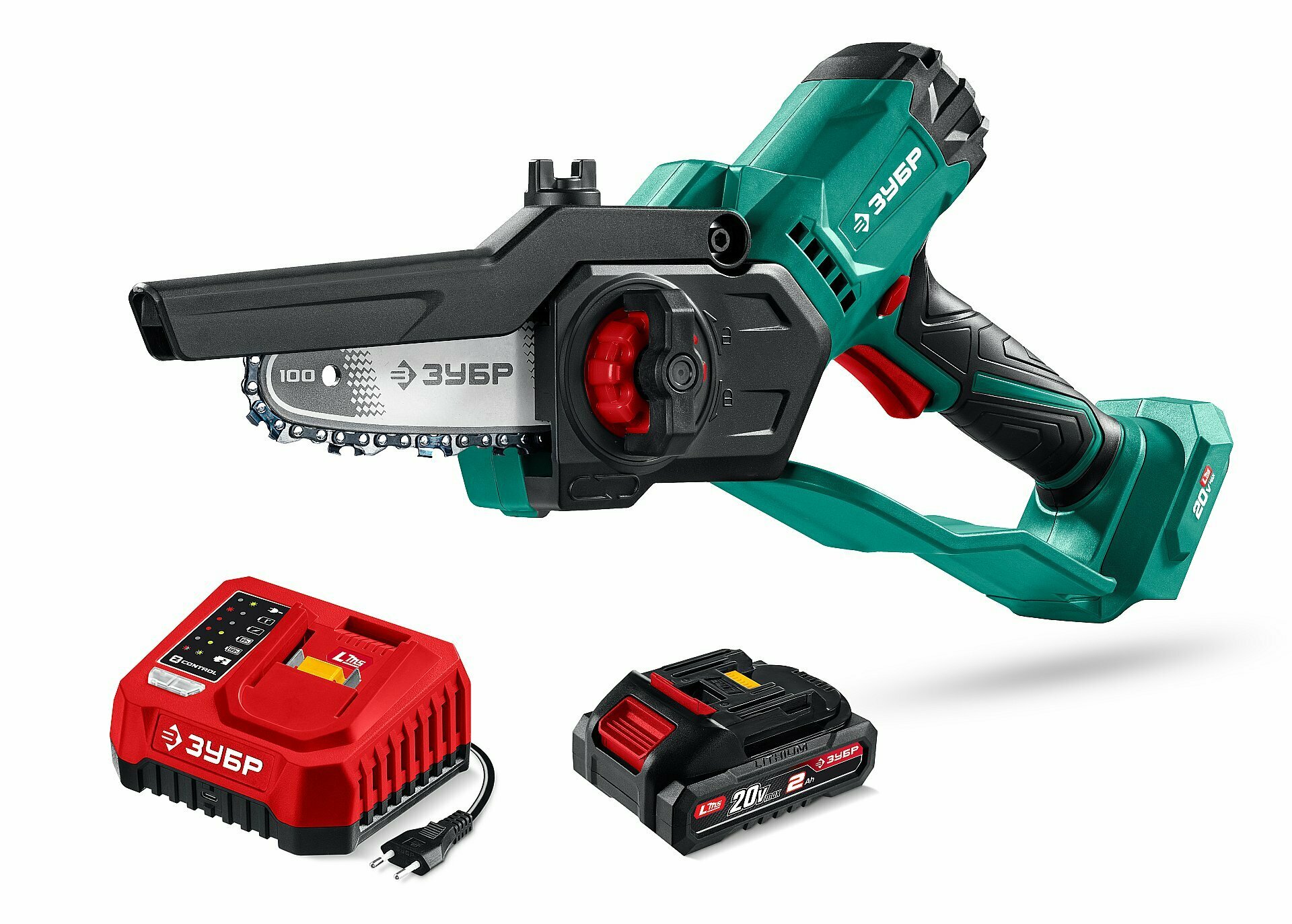 ЗУБР 20 В, 100 мм шина, 1 АКБ LMS (2 Ач), мини-пила цепная аккумуляторная (ПЦА-2010-21)