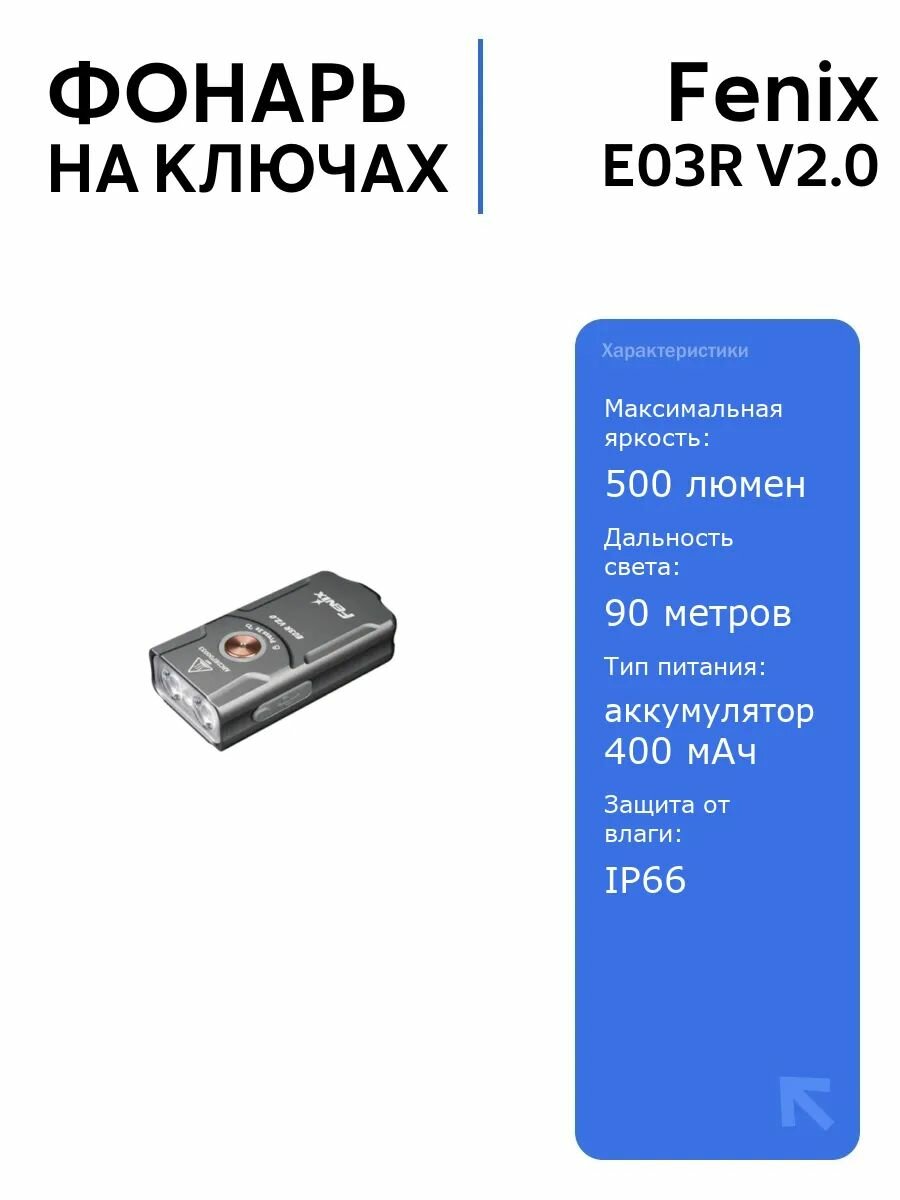 Фонарь-брелок Fenix E03R V2.0, 500 люменов, 7 режимов, IP66, компактный и мощный для повседневного использования и активного