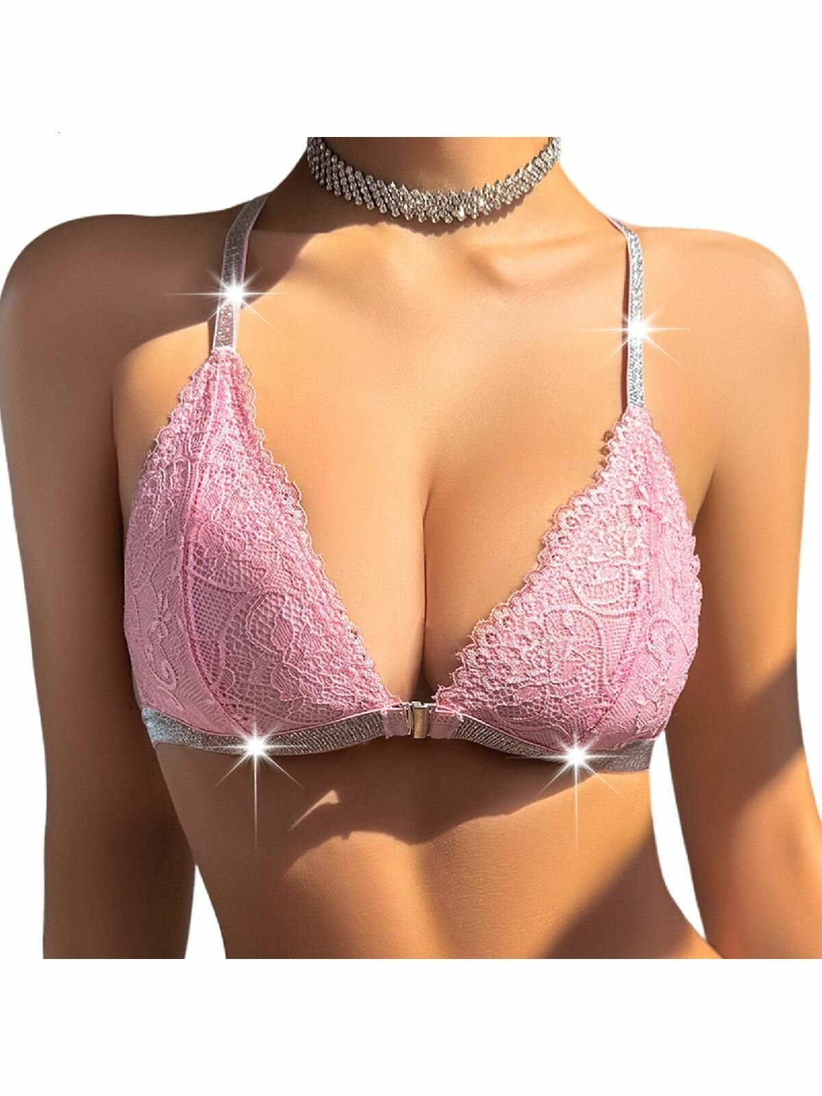 Кружевной бескостный бюстгальтер-треугольник, Розовый - S