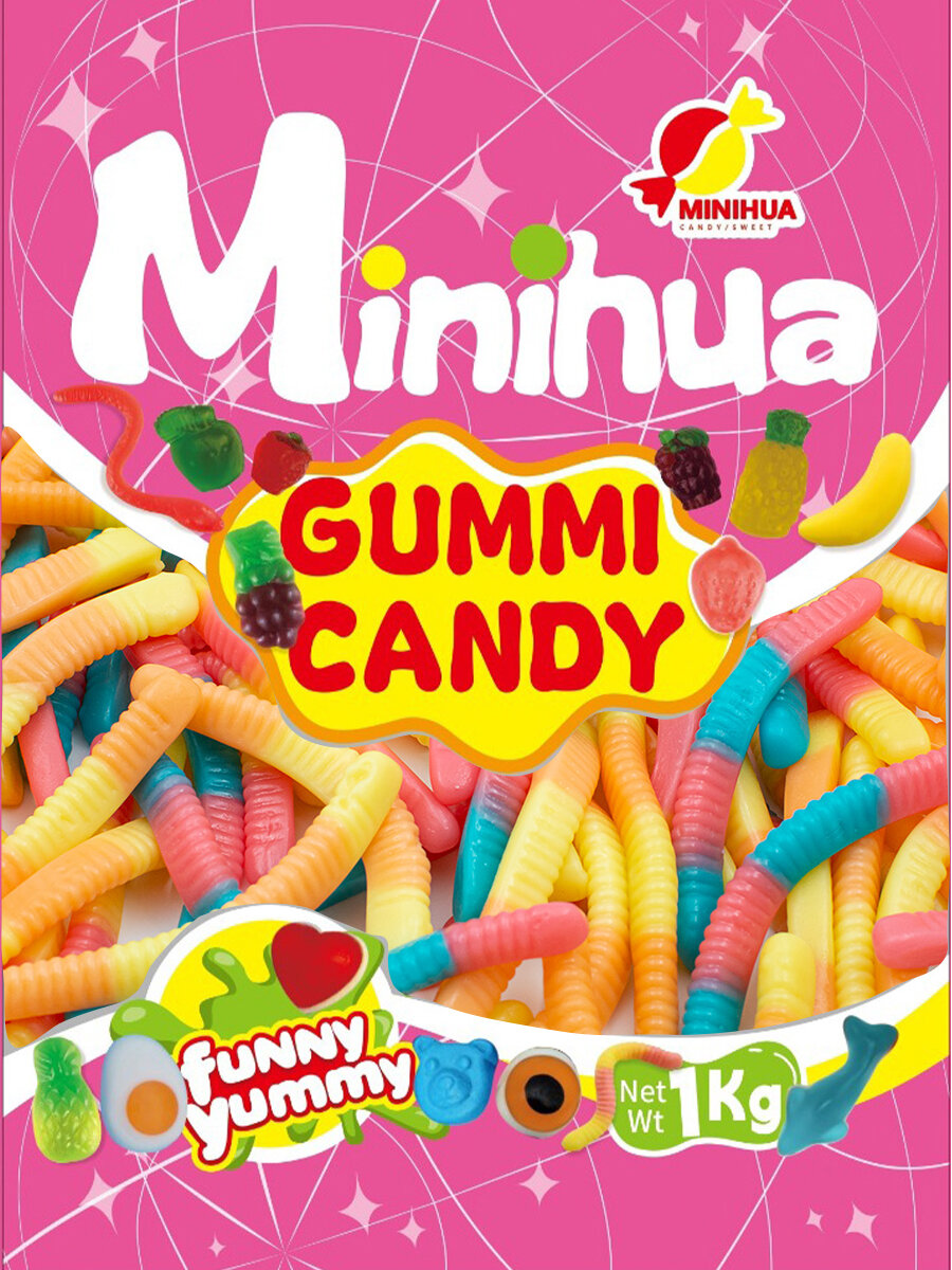 Мармелад жевательный "Червячки неоновые" 1кг х 12 HALAL /MINIHUA/Китай