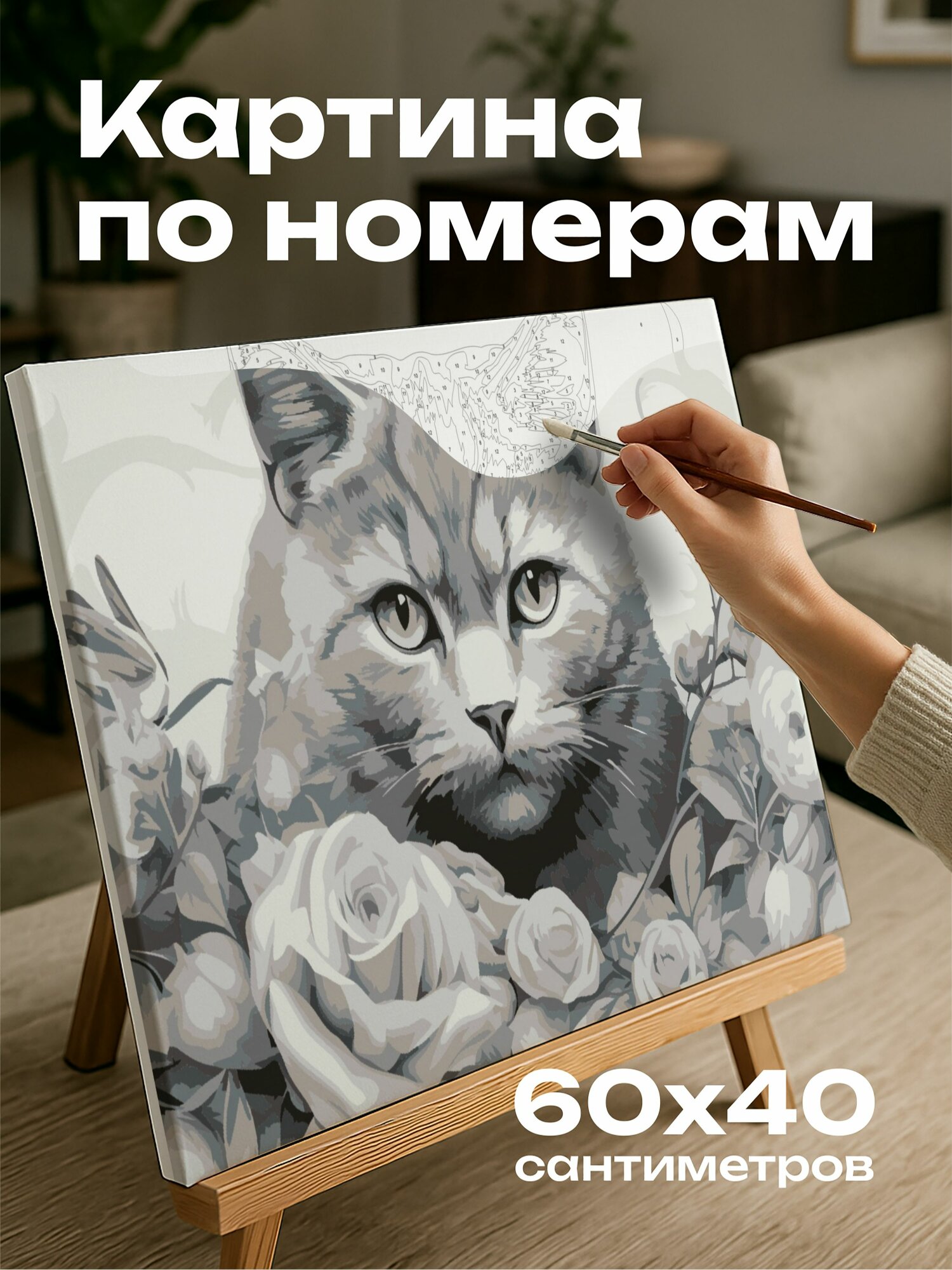 Картина по номерам 60x40 см, графитовый набросок, британская кошка, круглая мордочка, выразительные глаза, нежные розы