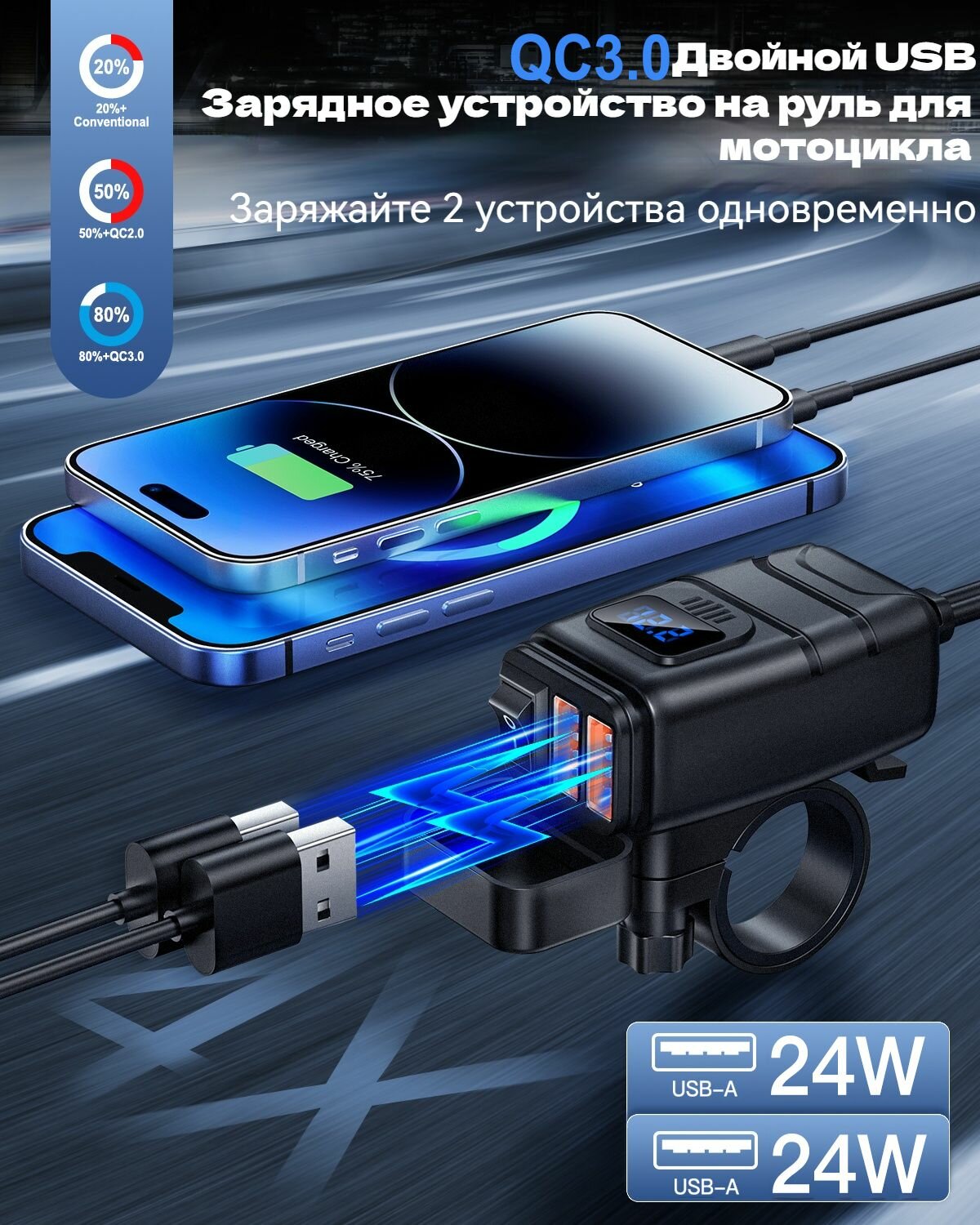 Grteen Крепления на руль мотоцикла, USB зарядное устройство QC3.0