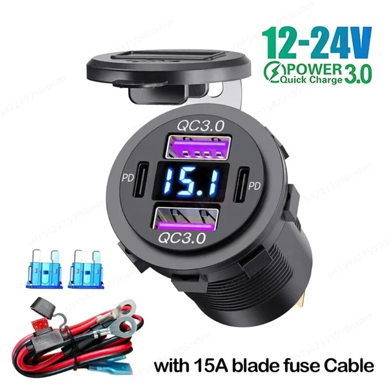 Автомобильная USB розетка 12-24V с вольтметром, QC3.0, PD, Blue-15AFuse-wire