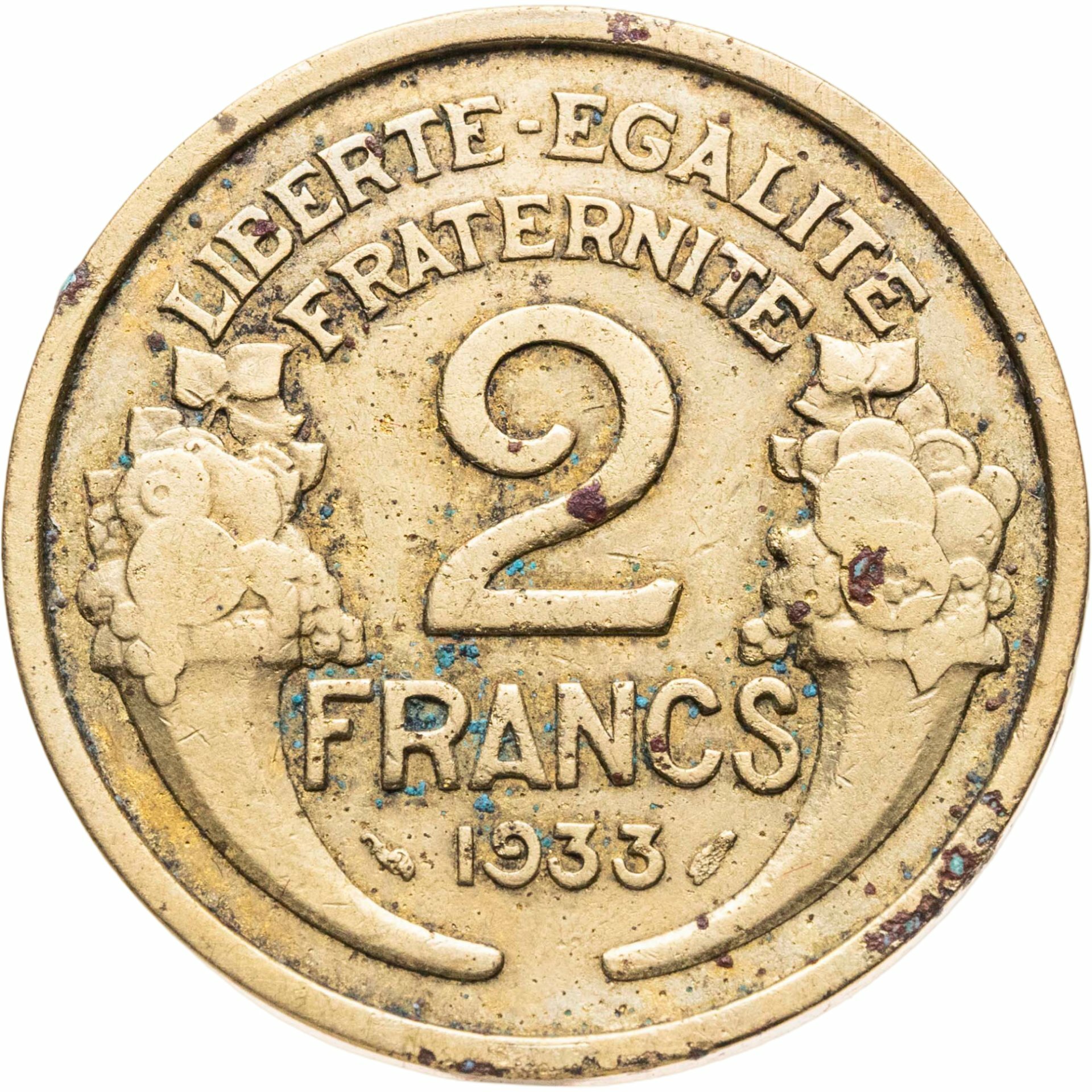 Франция 2 франка francs 1933, Бронза, в сохранности VF