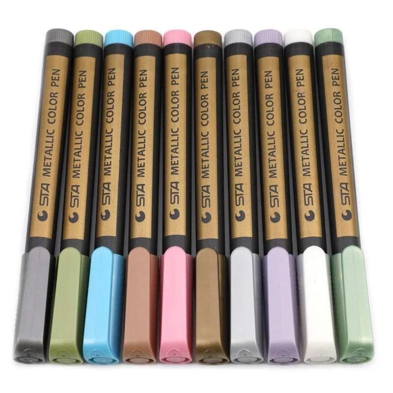 STA Metallic Color Pen Набор из 10 металлических маркеров для рисования, с золотым корпусом, различных цветов