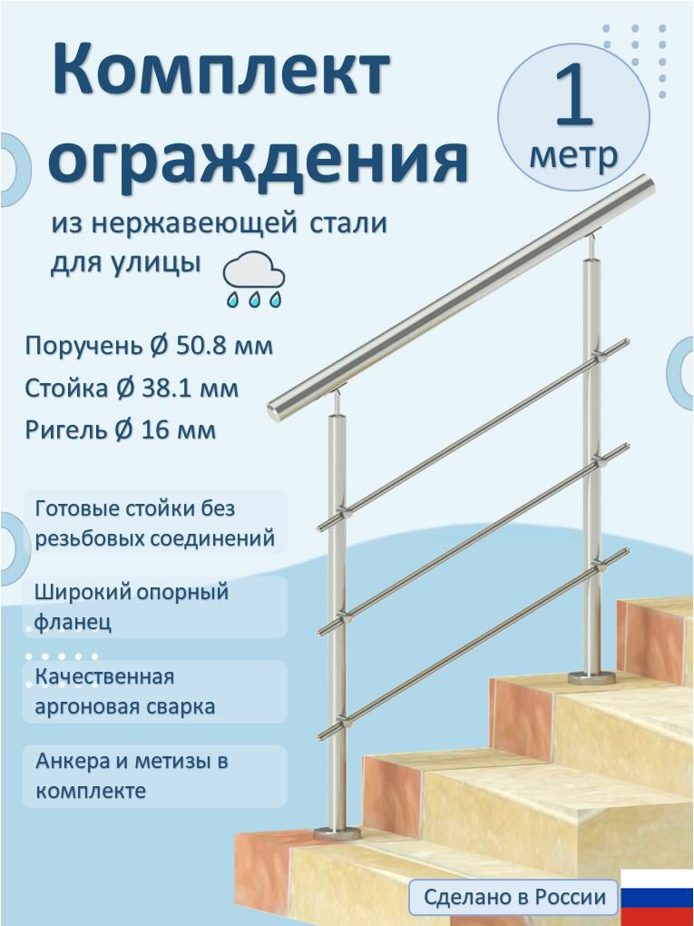 Перила для лестницы натеко, ограждение 1 м. из Нержавеющей Стали AISI 304, поручень 50.8 мм, из нержавейки для Улицы