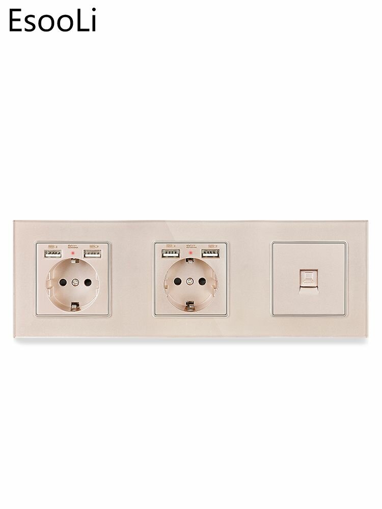 Розетка 2 EU с интерфейсом USB, с компьютера для кабеля RJ-45, золотая закаленное стекло 258mm