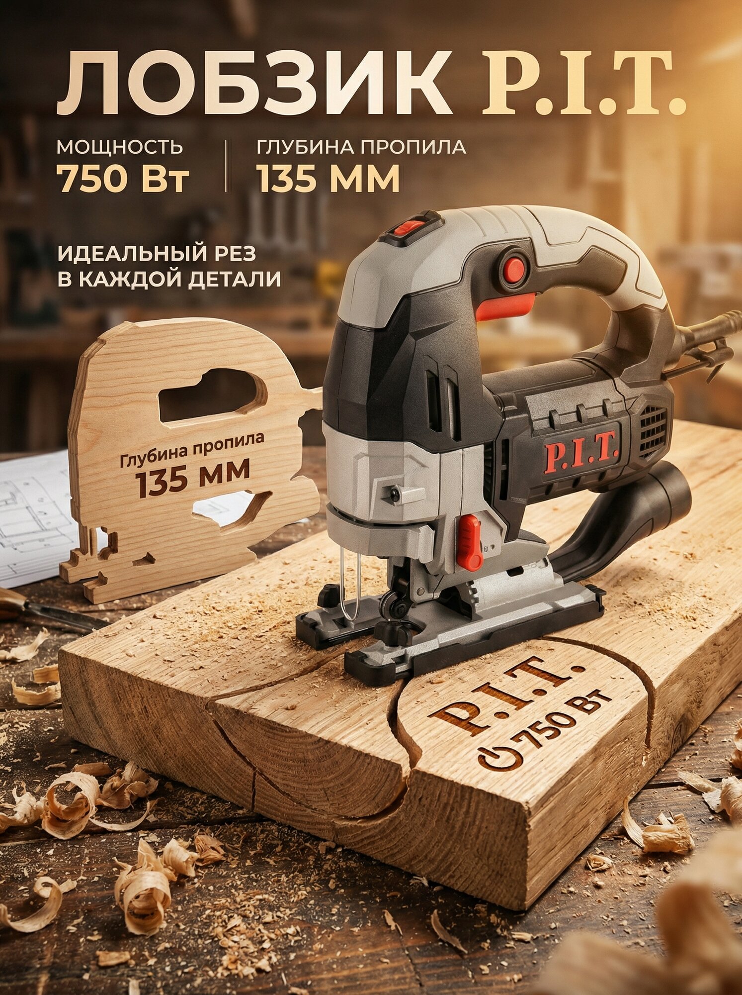 Лобзик P.I.T PST135-C, сетевой, 750Вт, подсветка, маятниковый, 1000-3000 ходов/мин