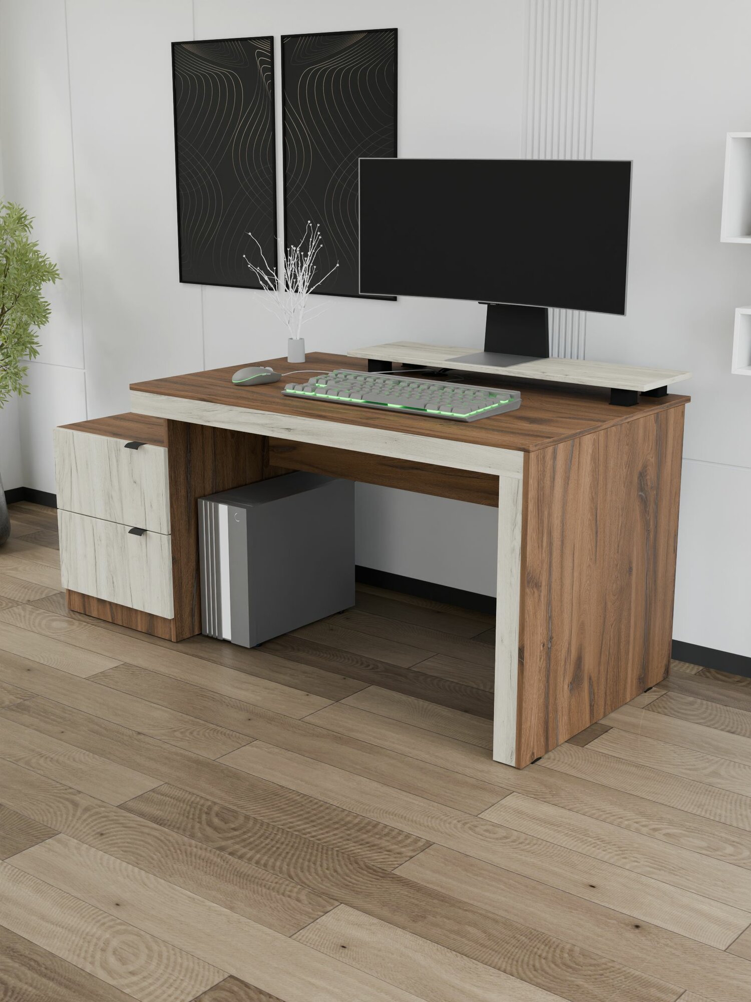 Изумлит Стол компьютерный для офиса и дома Вертикаль Компакт Лайт 165х73х74.5 см, тумба слева, дуб крафт табачный - дуб крафт белый