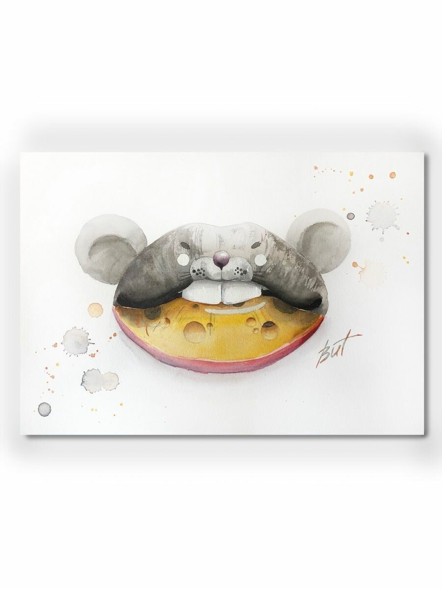 Картина Ирина Бутенко "Губы Поп Арт. Рыжий Кот", акварель, 21x30 см